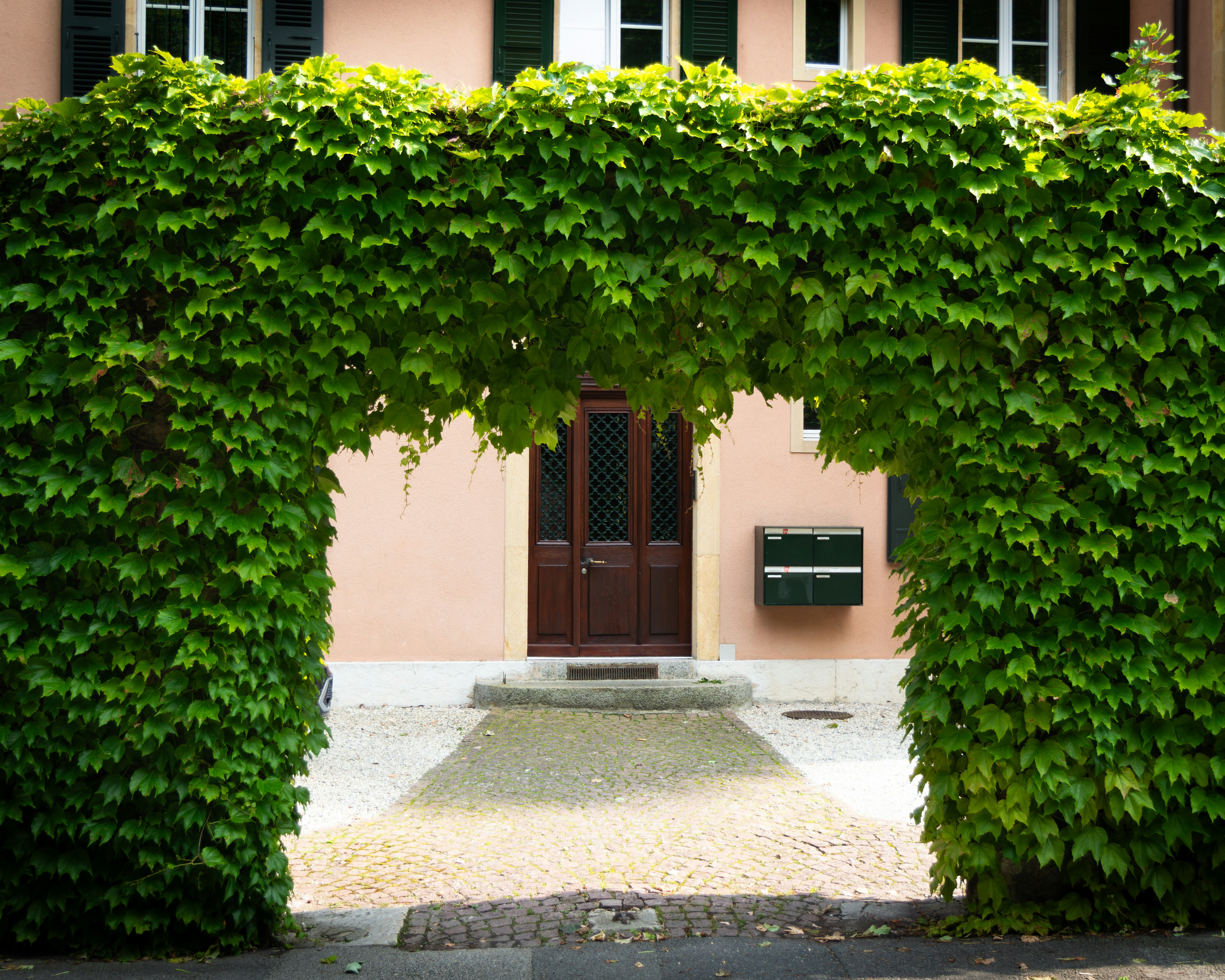 Emerald Archway Framing a Peach-Colored Doorway