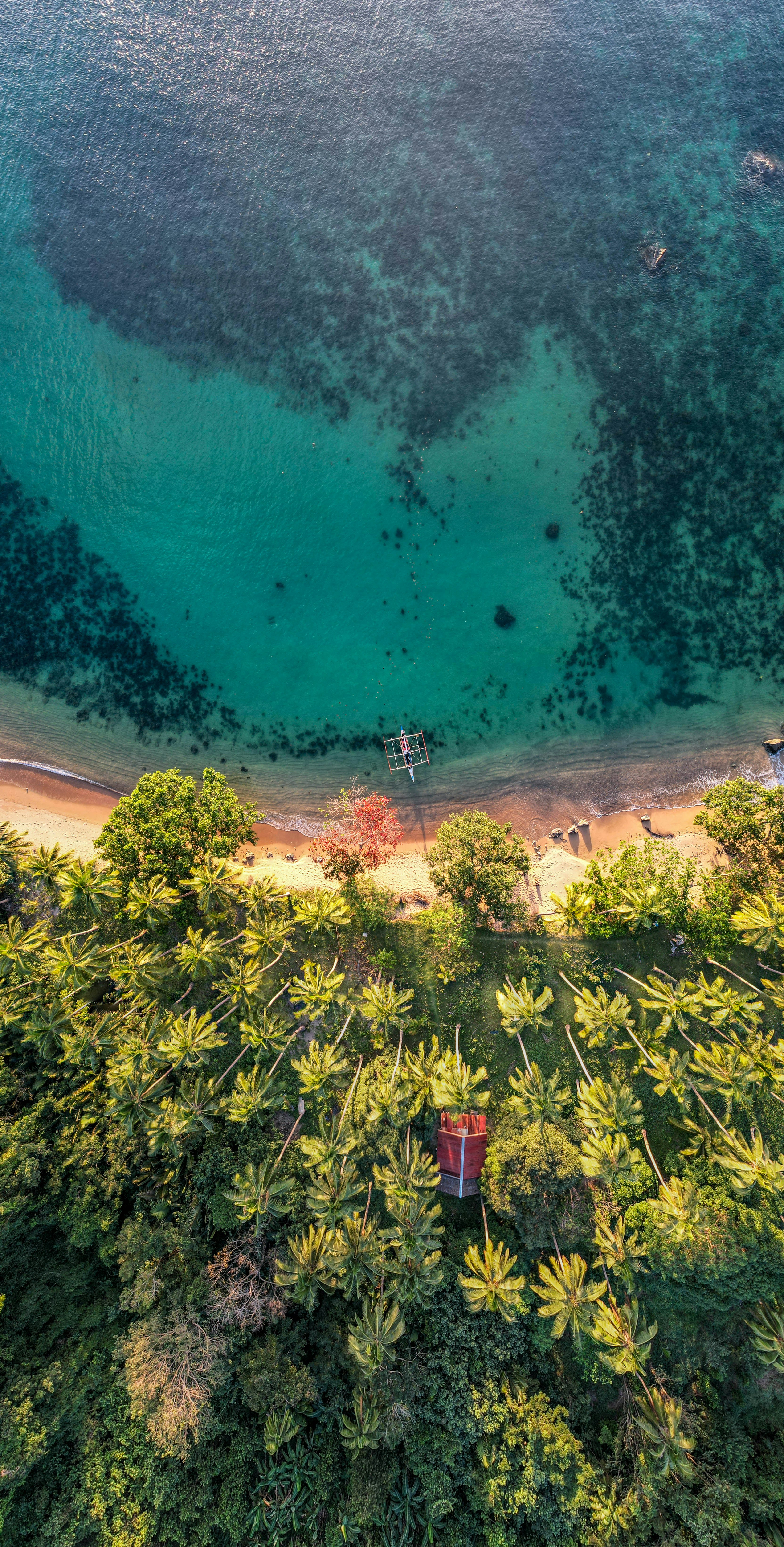 Aerial view of a tranquil beach surrounded by lush greenery, featuring a small boat docked near the shore. The clear turquoise water contrasts beautifully with the sandy beach.