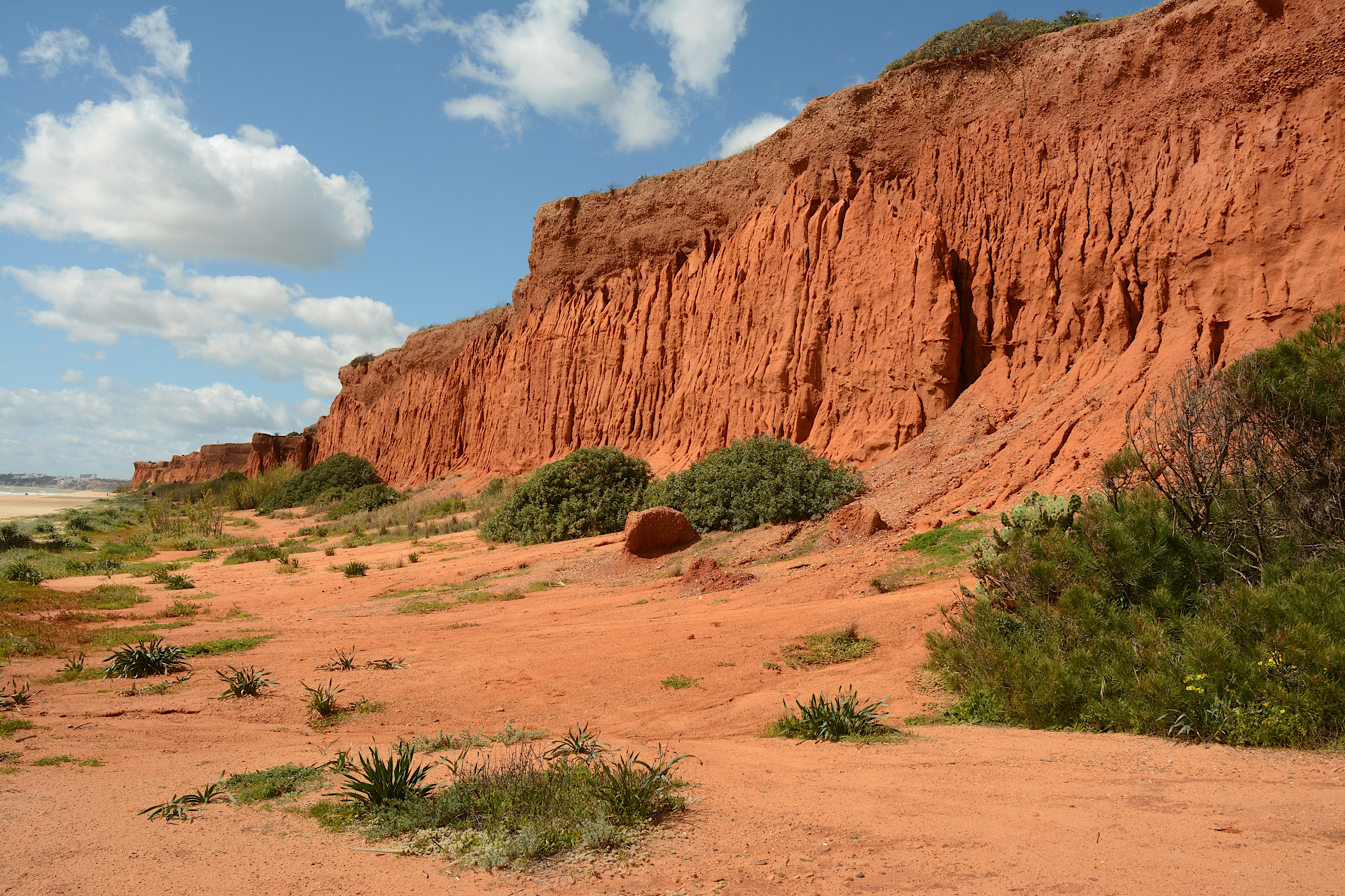 Des falaises de roche rouge se dressent près d’un paysage sablonneux et ...