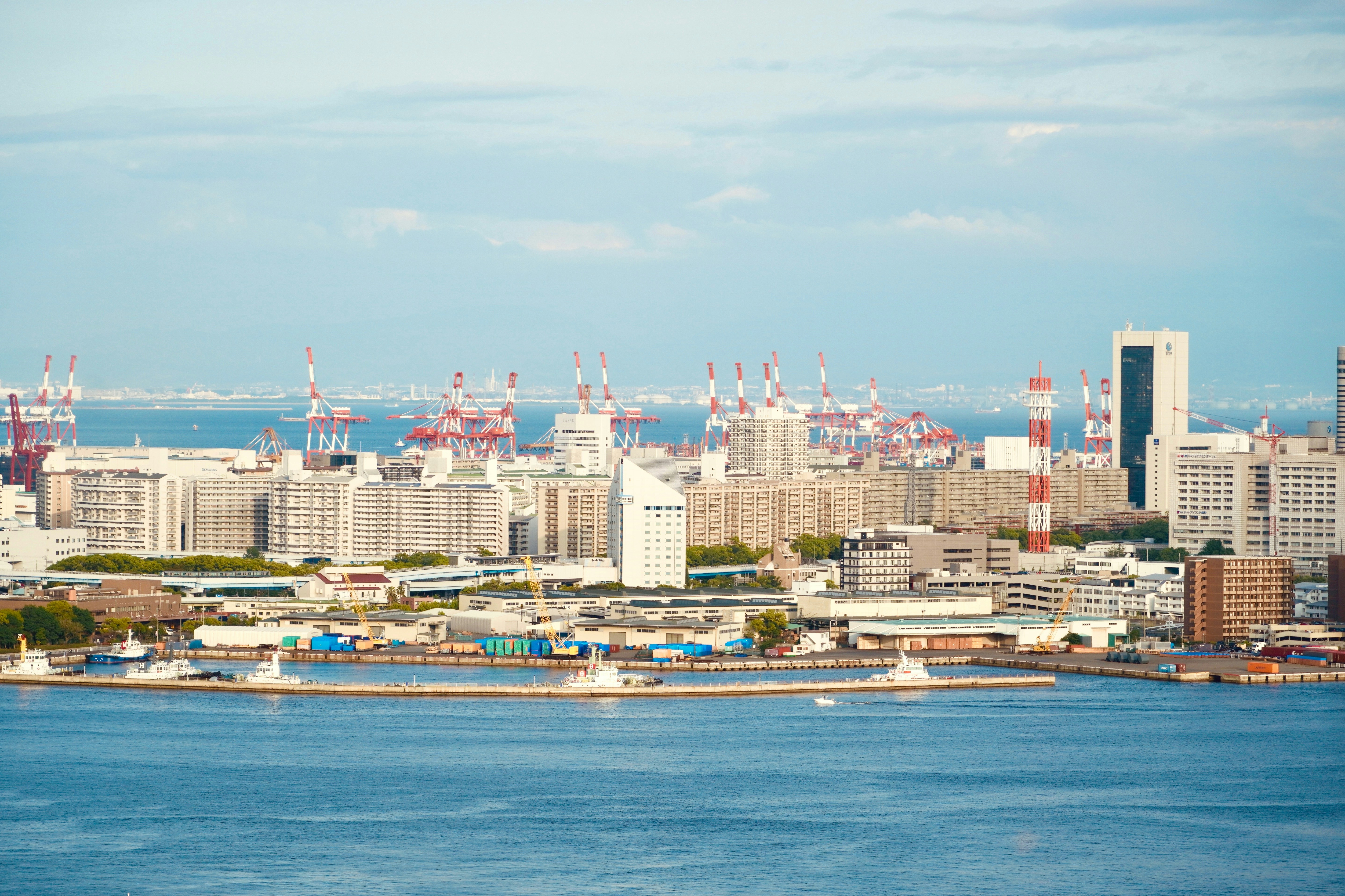 A panoramic view of a bustling port city showcasing modern architecture and industrial activity along the waterfront. Cranes and shipping containers hint at the vibrant trade life.