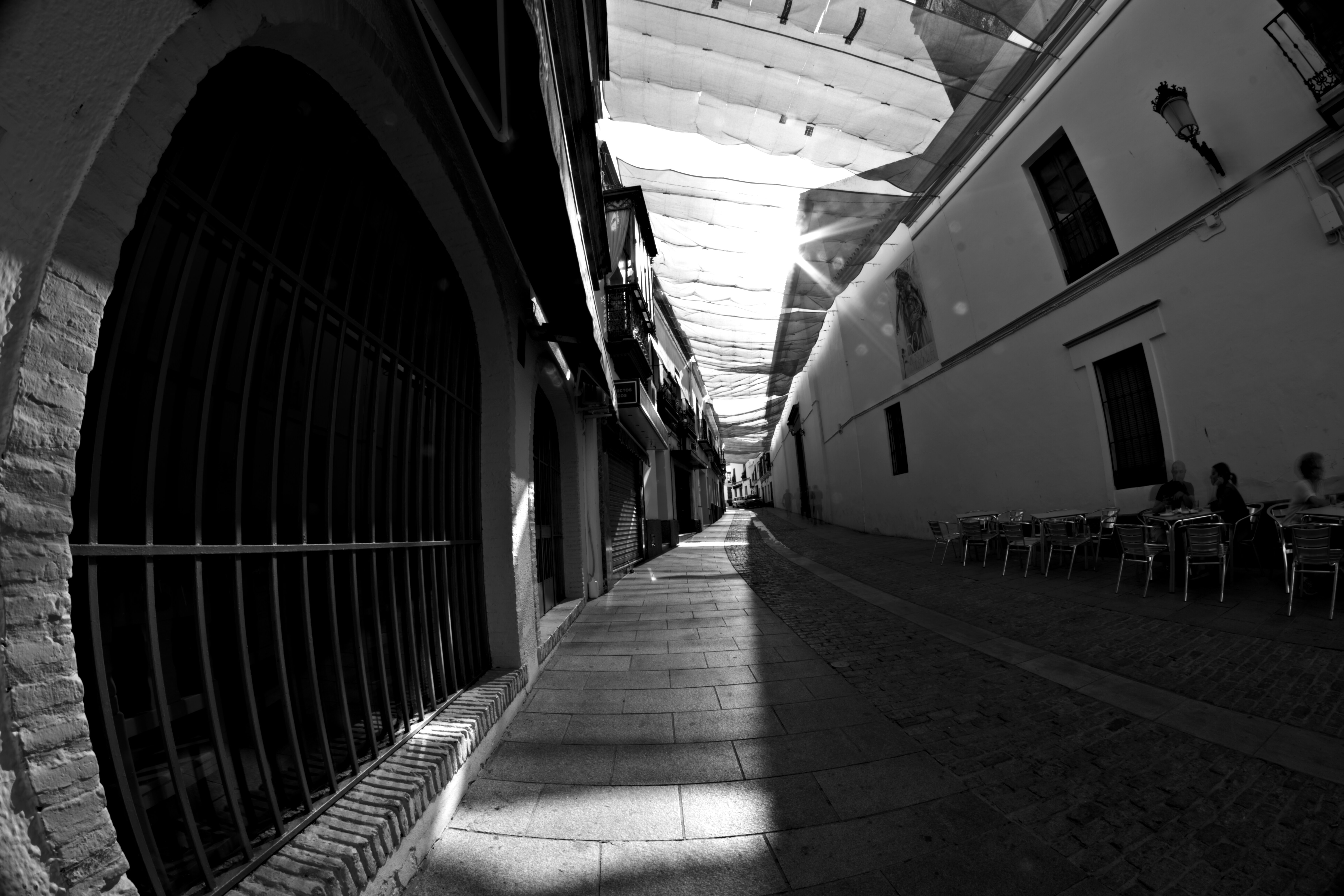 Narrow cobblestone alleyway with a play of light and shadows, featuring a row of shops under a fabric canopy.