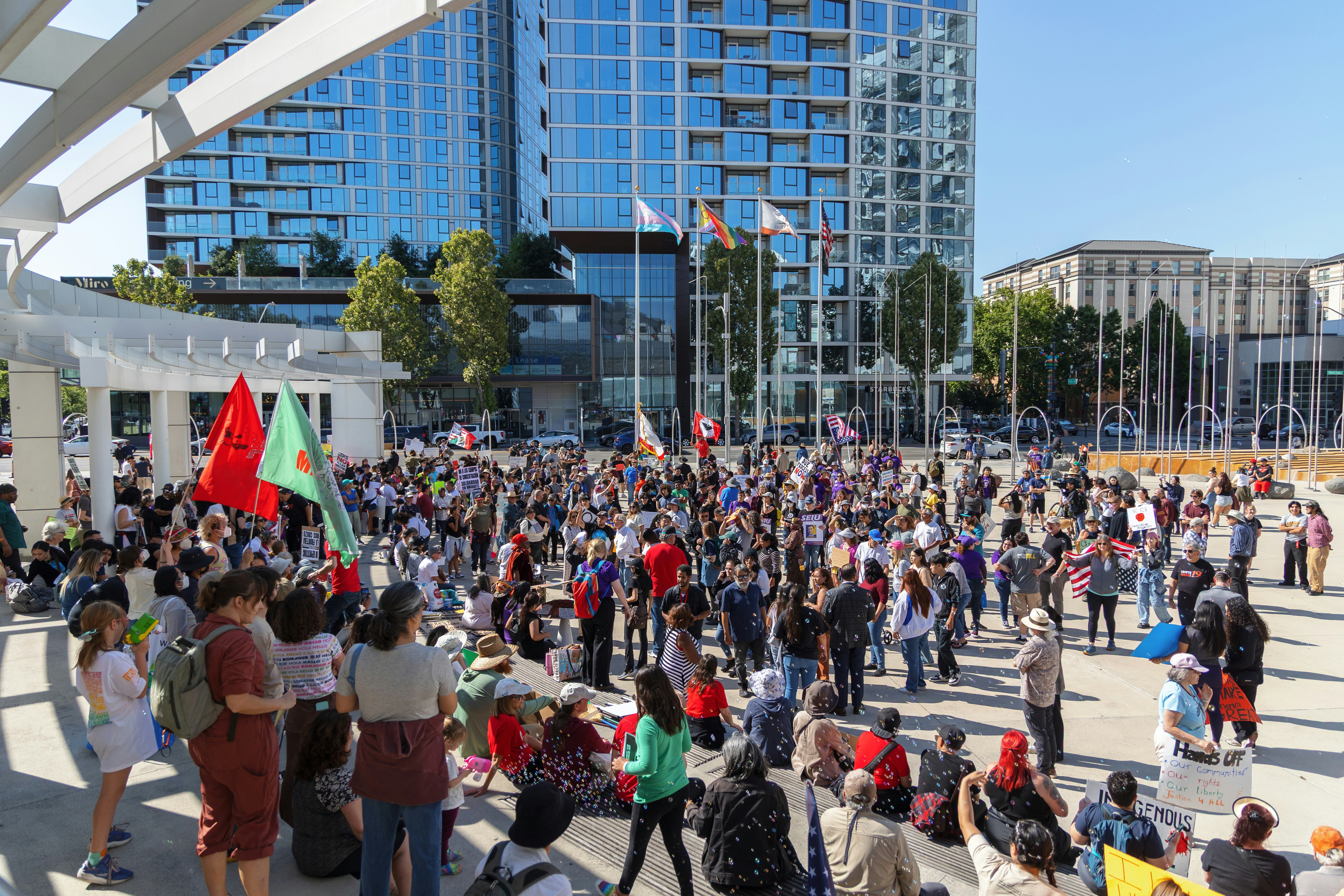 A large crowd protests near tall buildings. photo – Free Ice Image on ...