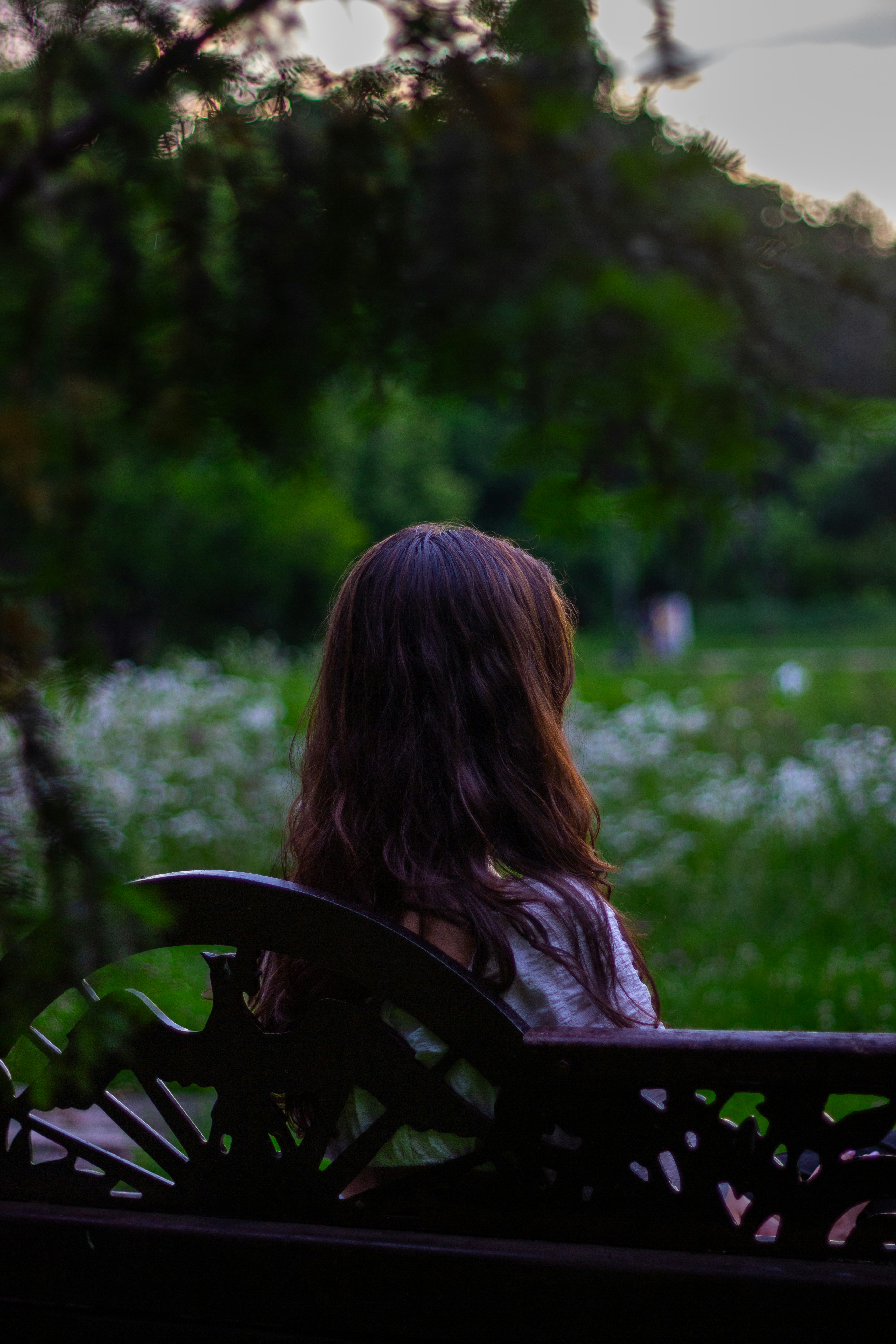 A young woman sits quietly on a decorative bench, gazing into a lush green field dotted with wildflowers, surrounded by soft natural light.