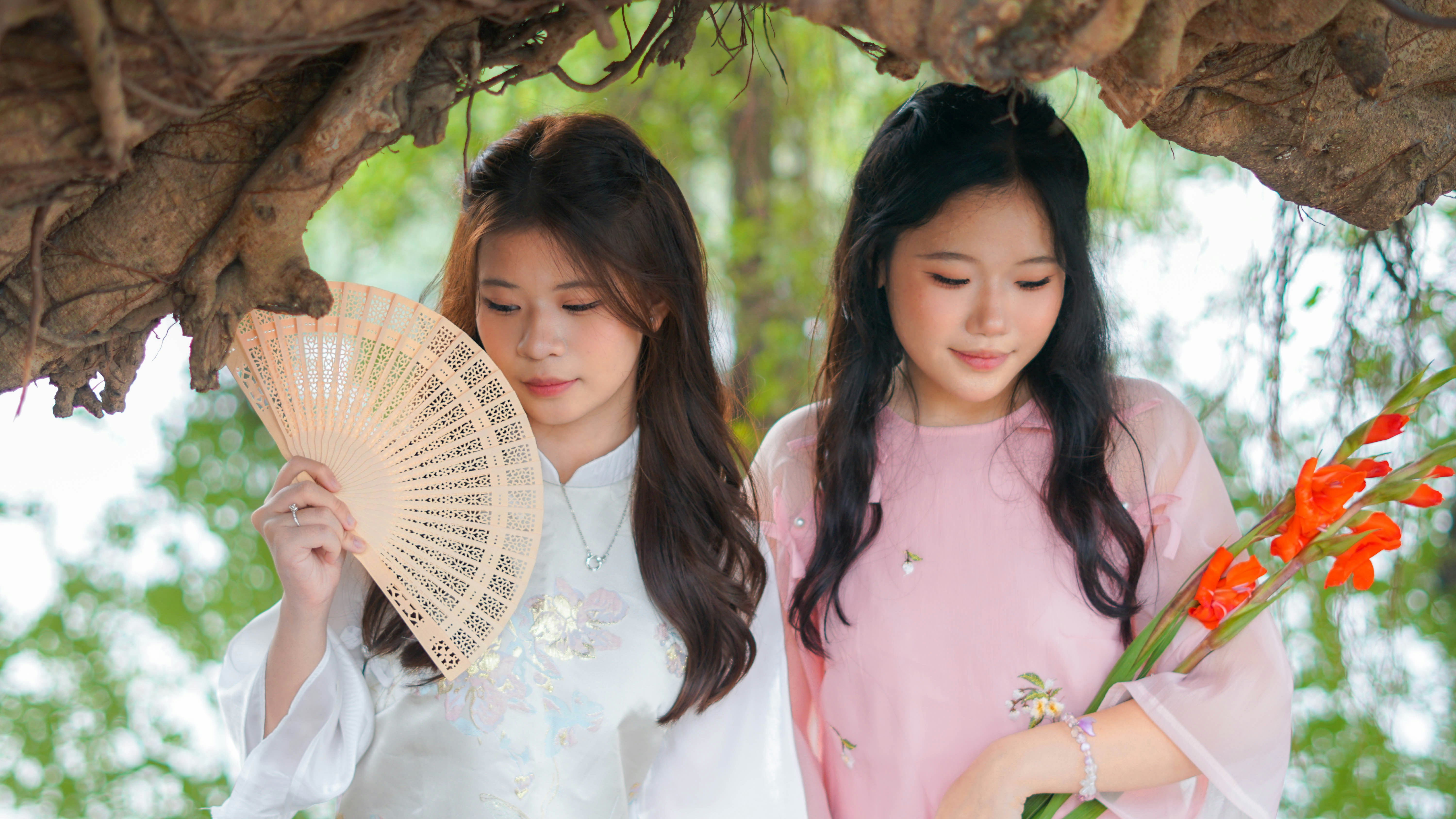 Two women pose underneath tree branches. photo – Free Girl Image on ...