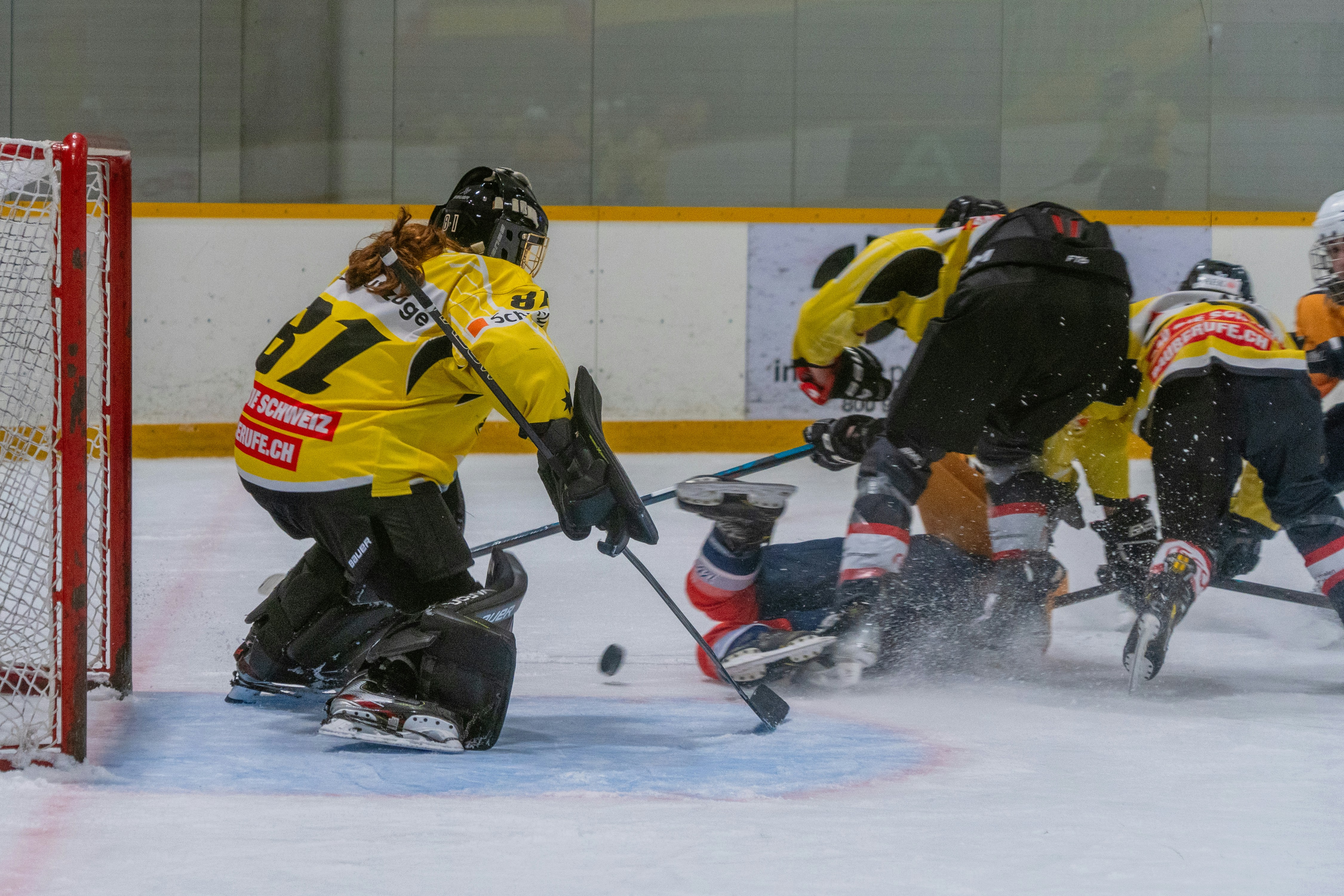 Ice hockey players collide during the game.