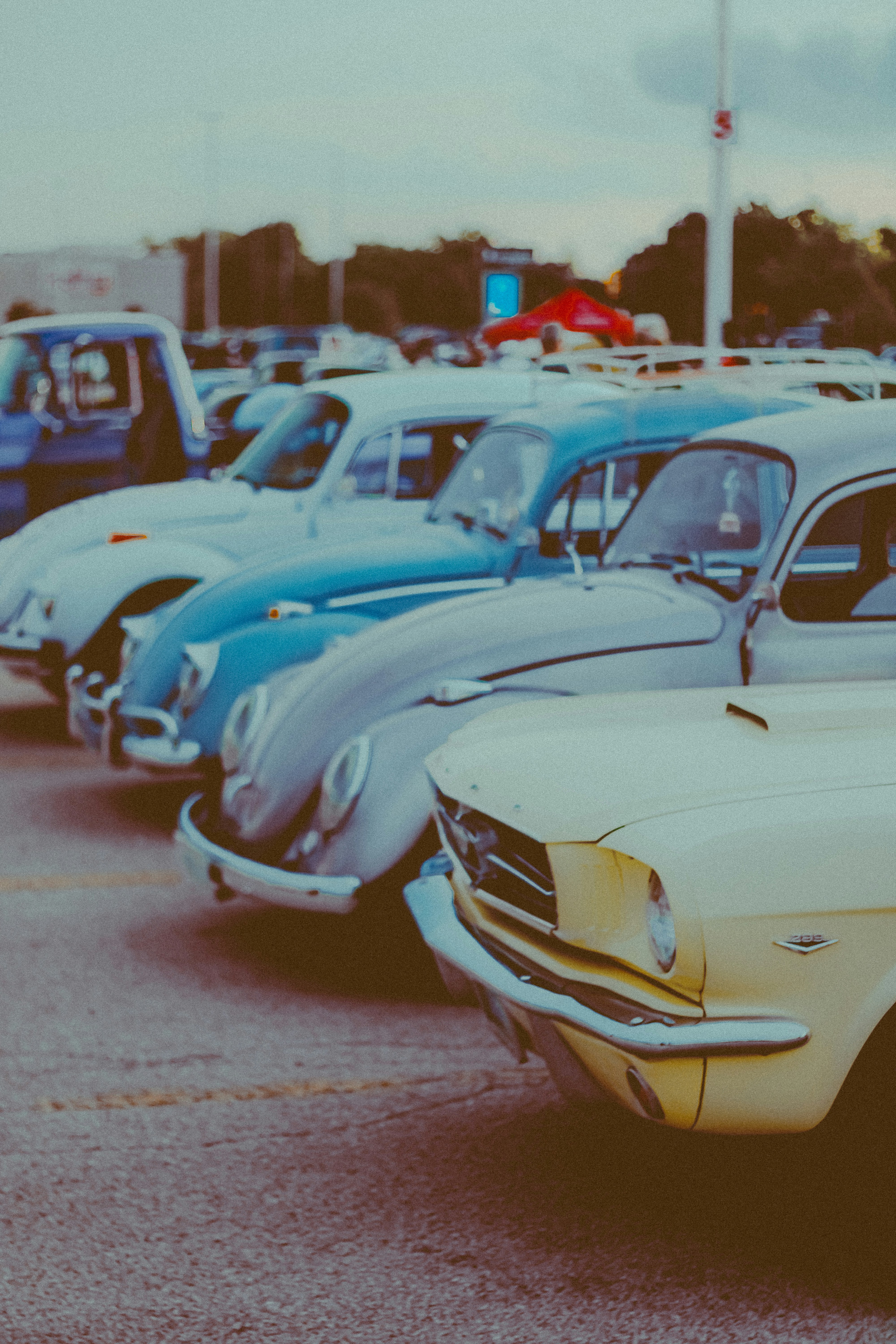 Pastel Parade: A Row of Vintage Cars in Soft Daylight