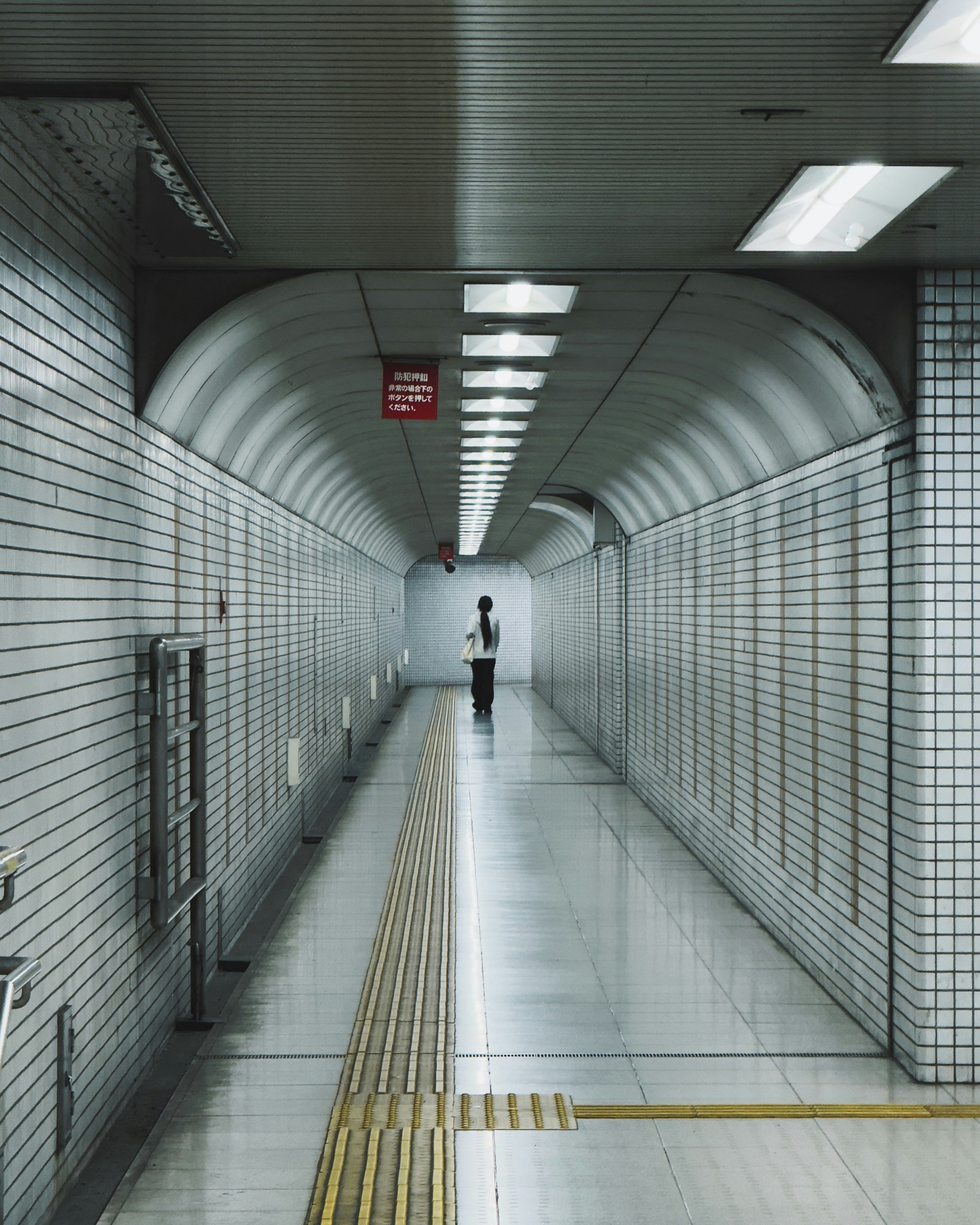 A lone figure stands in a stark subway corridor, illuminated by overhead lights, emphasizing the minimalist architecture and the sense of isolation.