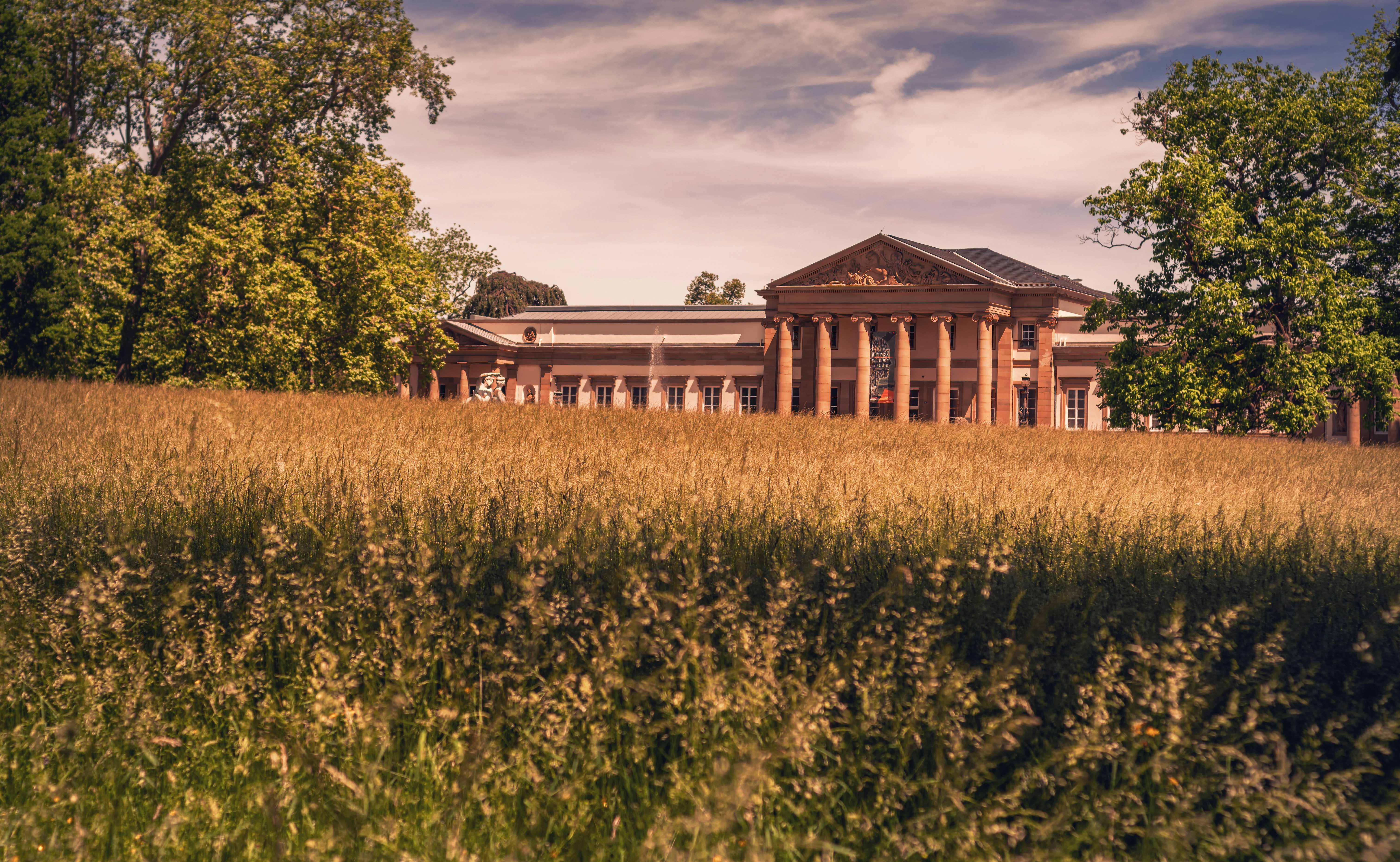 Neoclassical building framed by lush greenery and golden grass, evoking a sense of tranquility and heritage.
