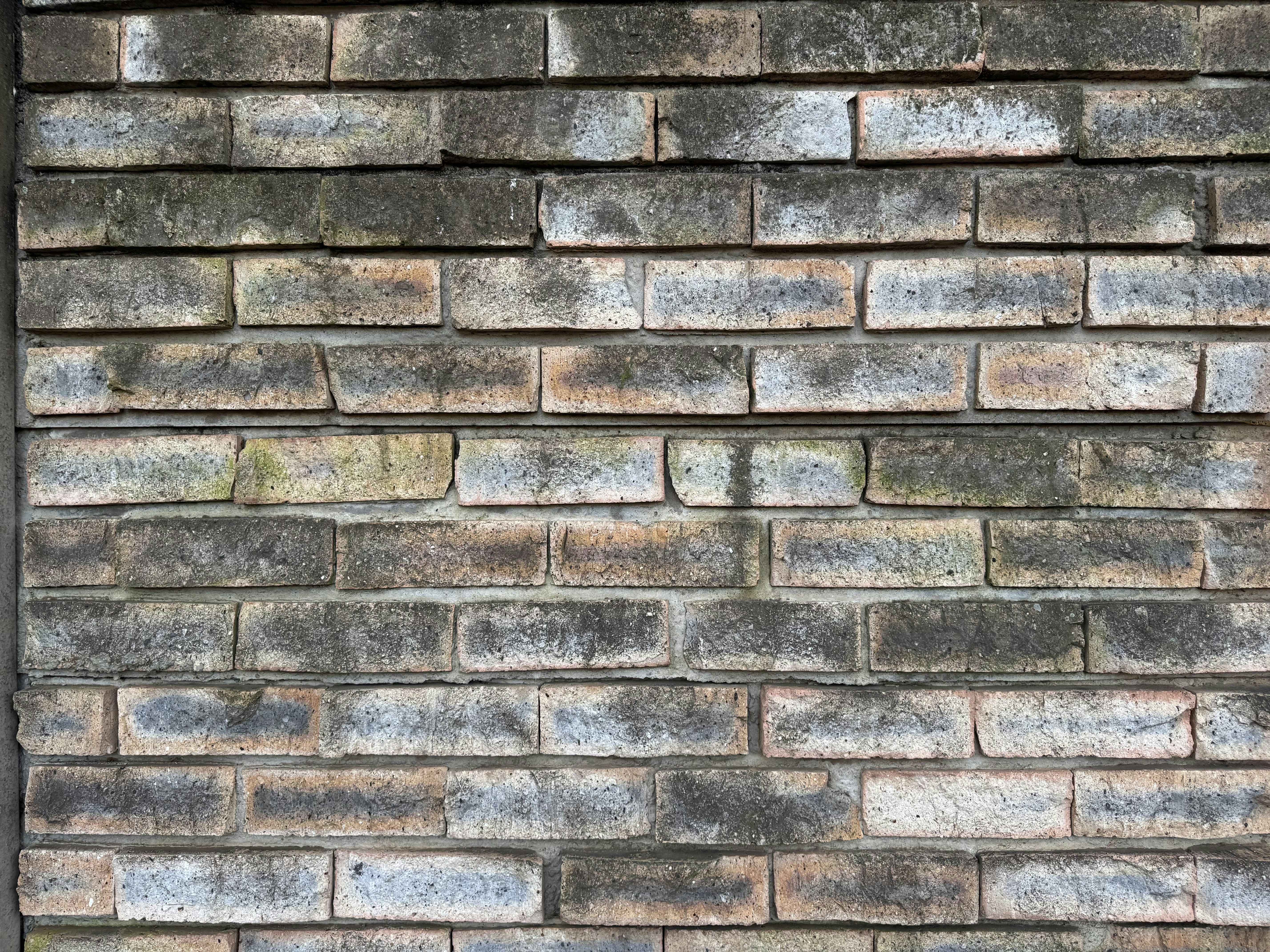 Here's a short caption: brick wall with natural weathering patterns ...