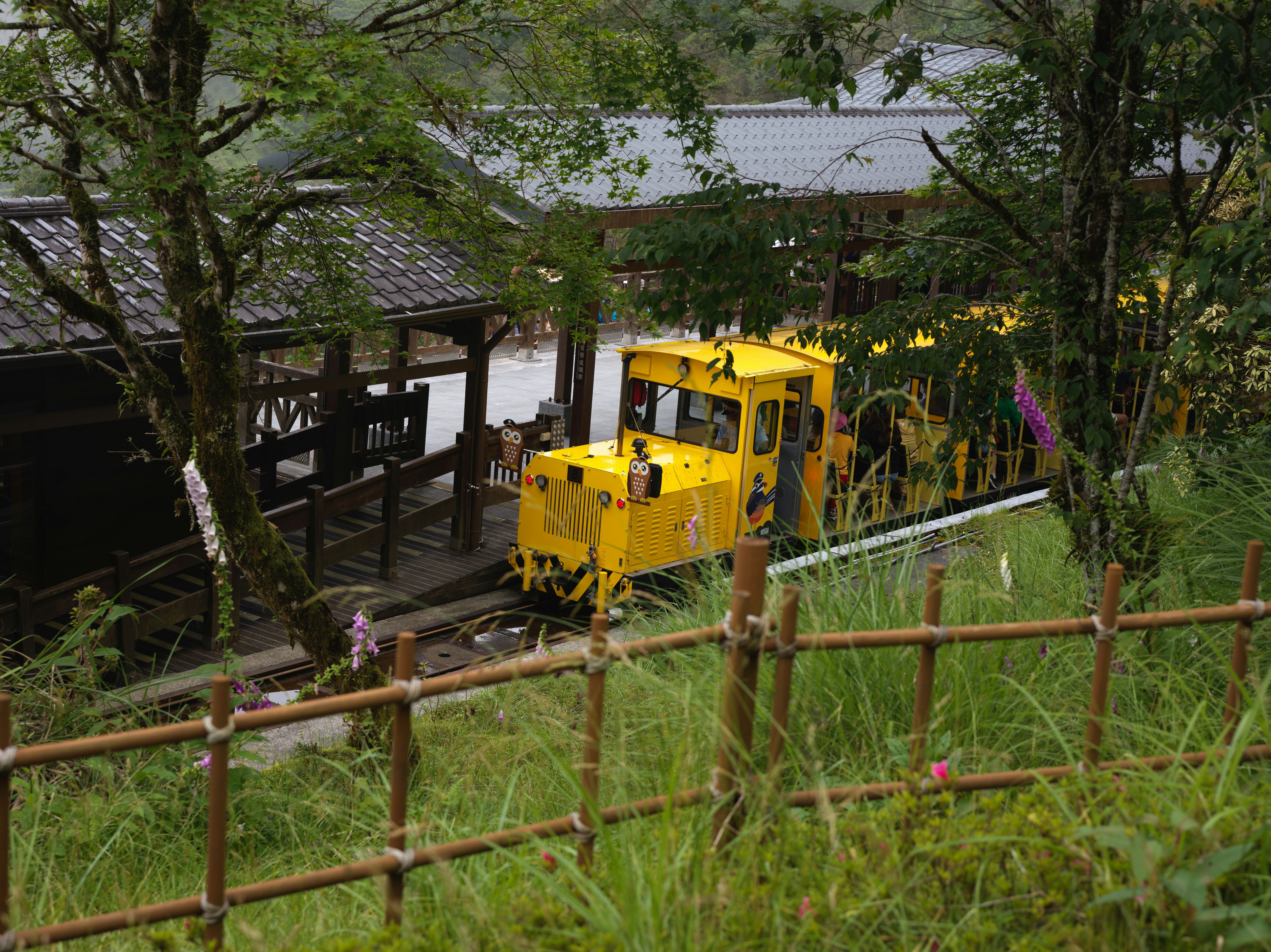 Sunlit Yellow Railcar Trundling Along a Quiet Garden Track