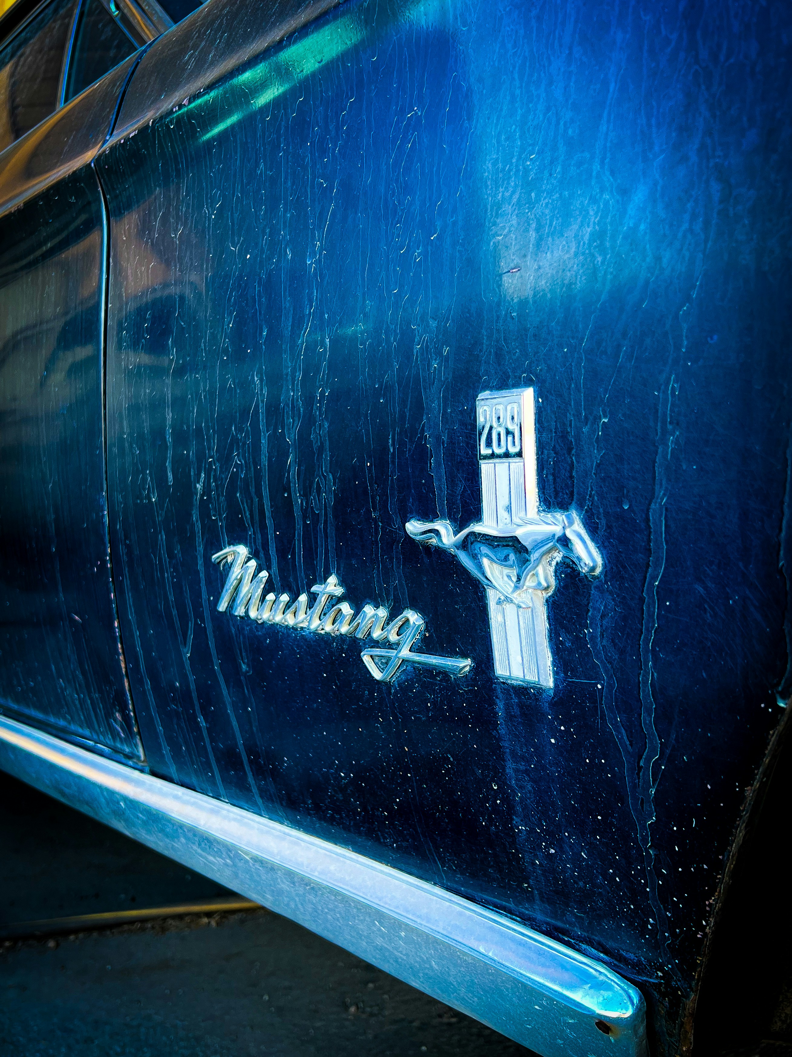 Chrome Mustang Emblem on a Weathered Blue Door