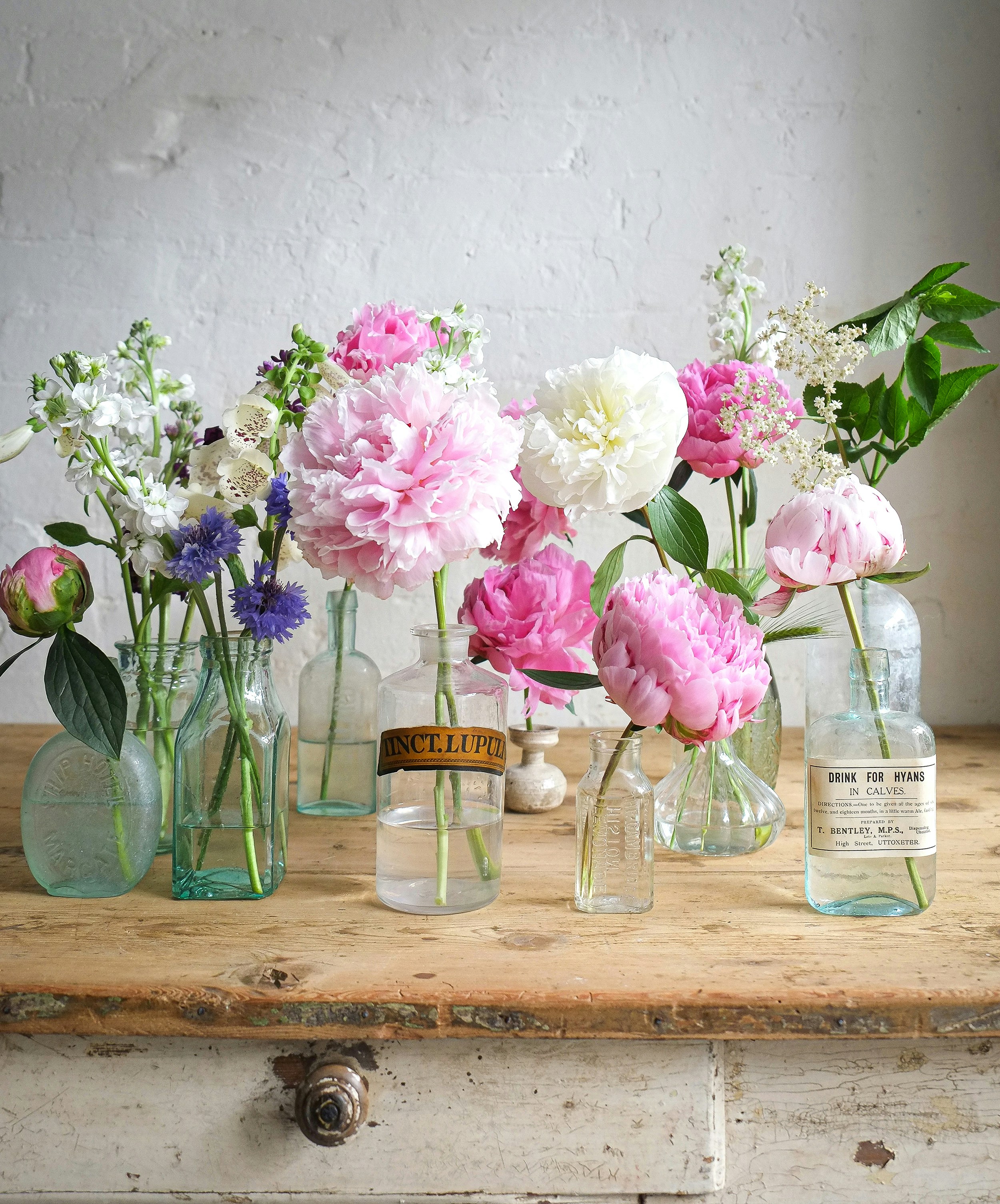 Pastel Peonies Arranged in Glass Bottles on a Weathered Table
