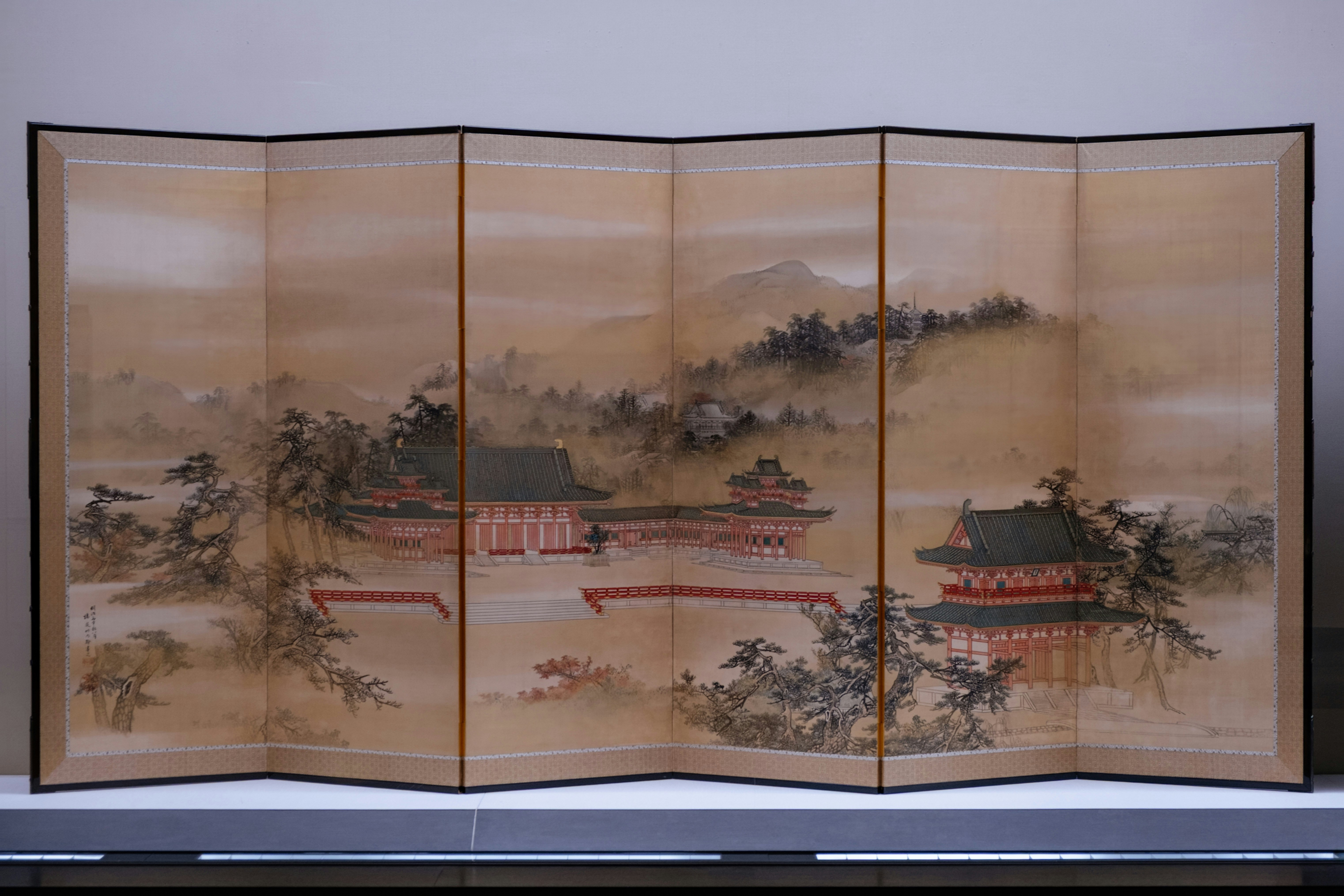 Five-Panel Tranquility: A Golden Folding Screen of Temples and Pines