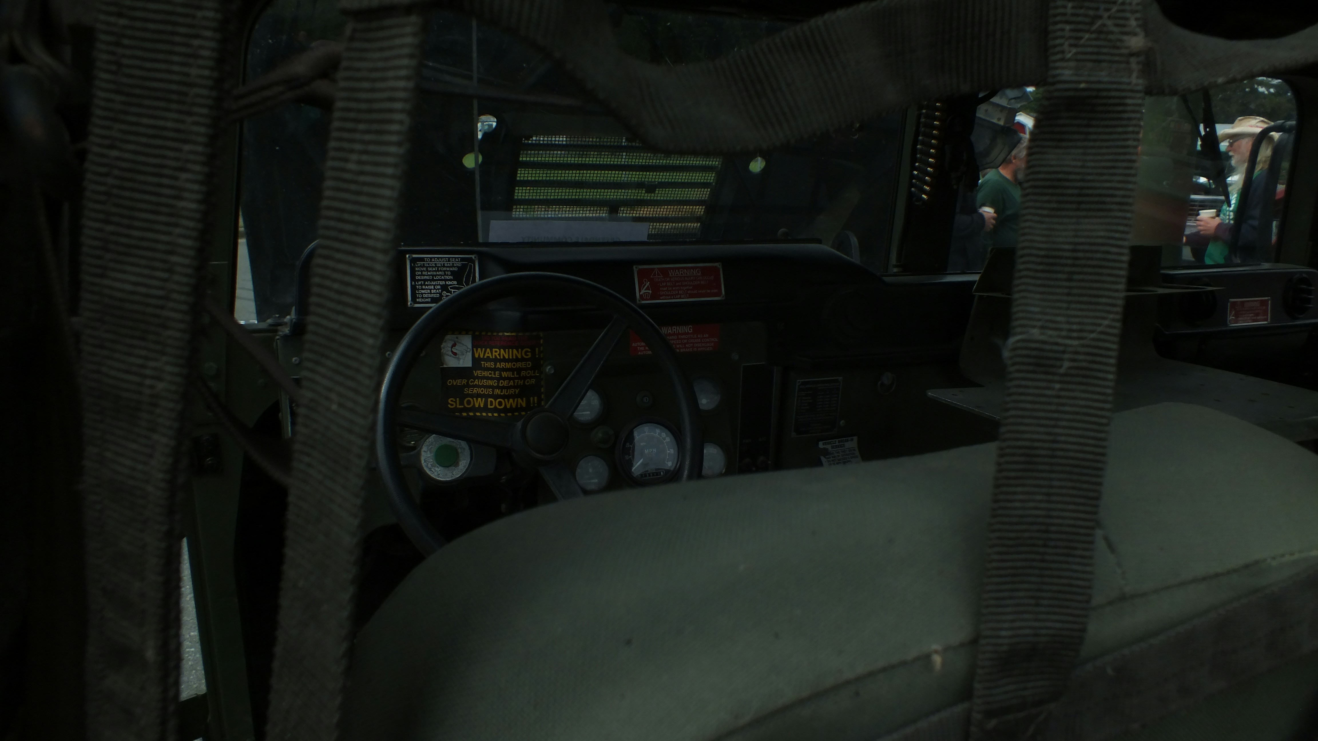 The driver's seat of a military vehicle.