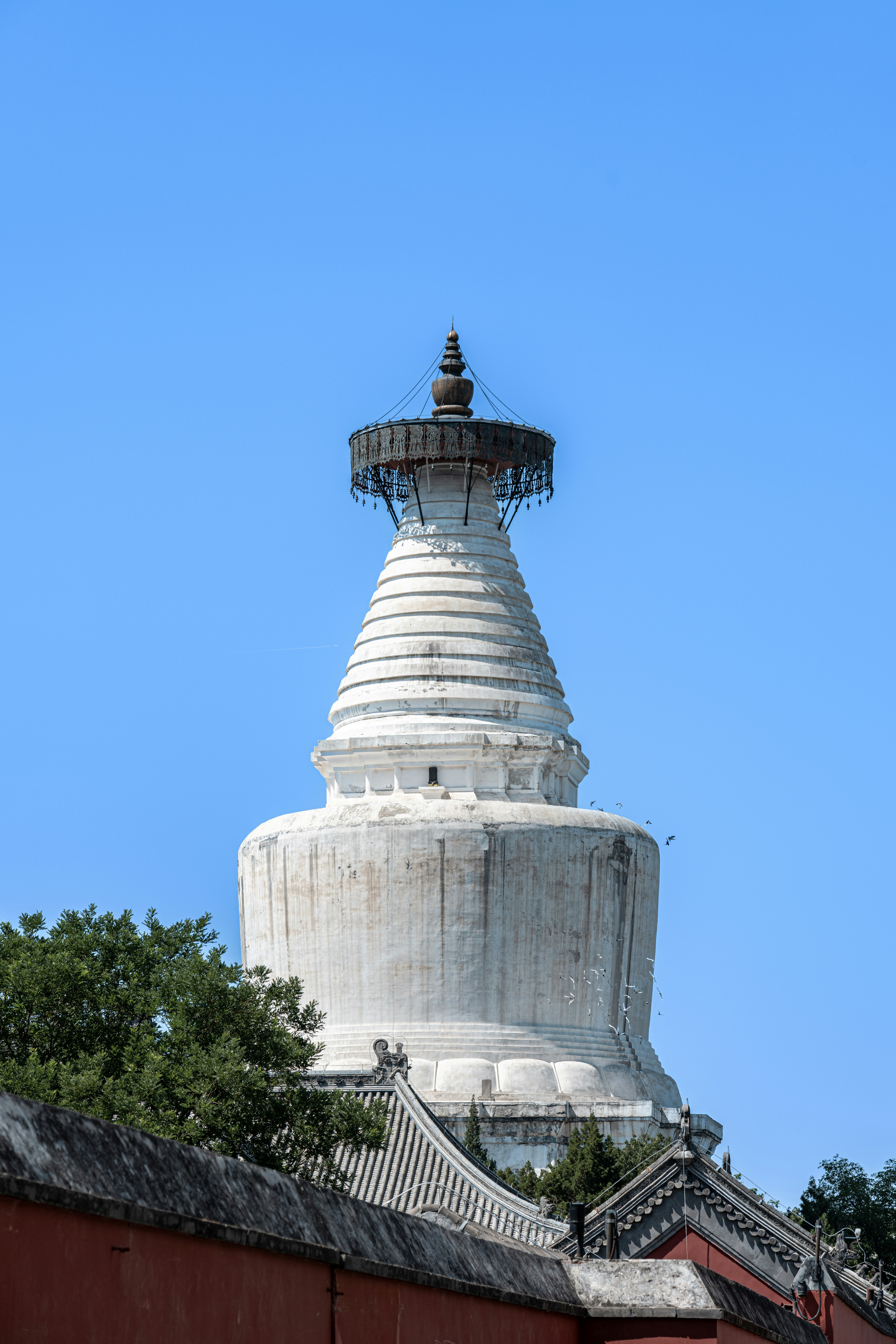 White pagoda towering above traditional rooftops, framed by lush greenery under a bright blue sky.
