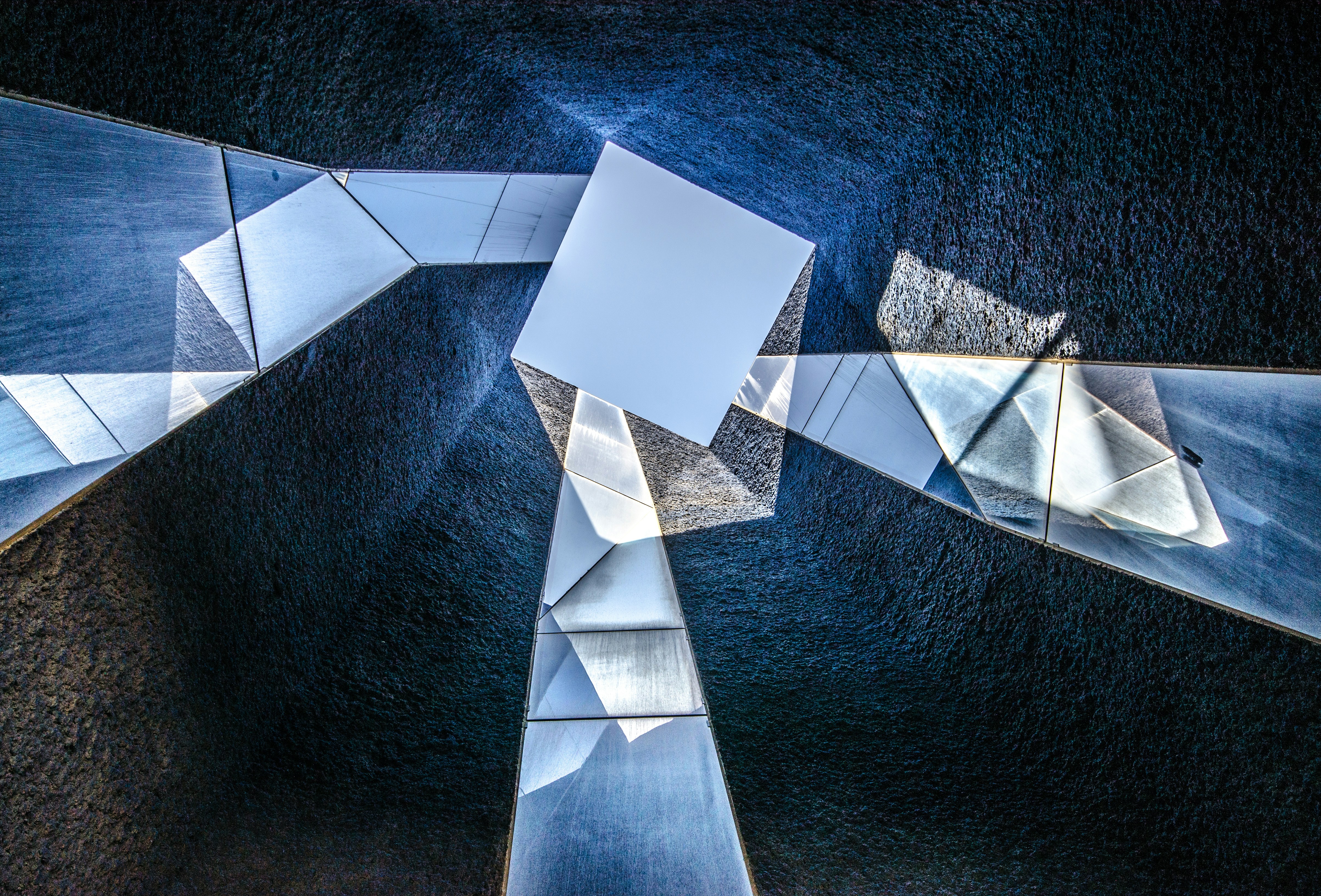 The Blue Museum skylight, Barcelona. Anstract architectural shot. | Abstract geometric shapes with blue and white lighting.