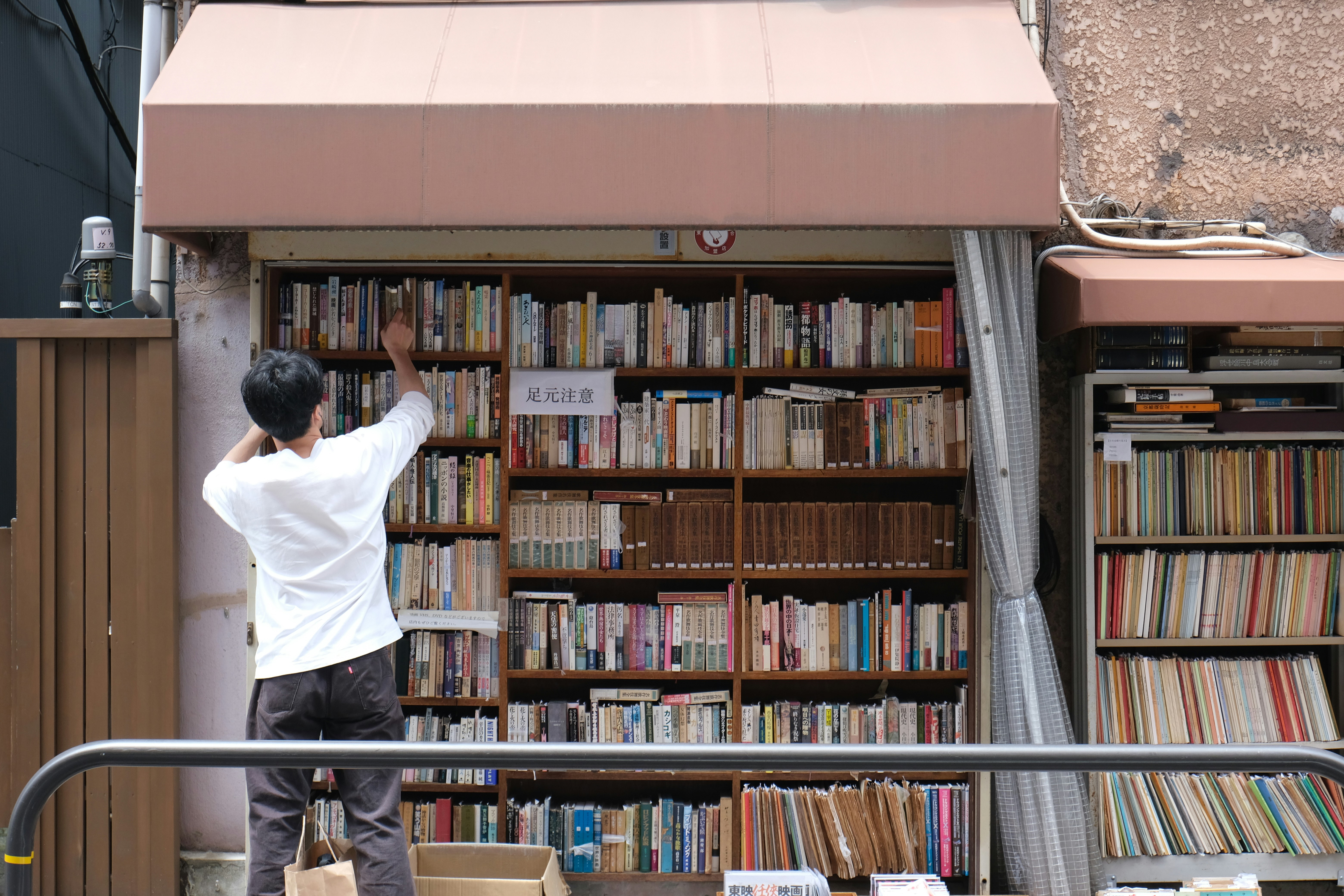 Under a blush canopy, a man curates a street-side library