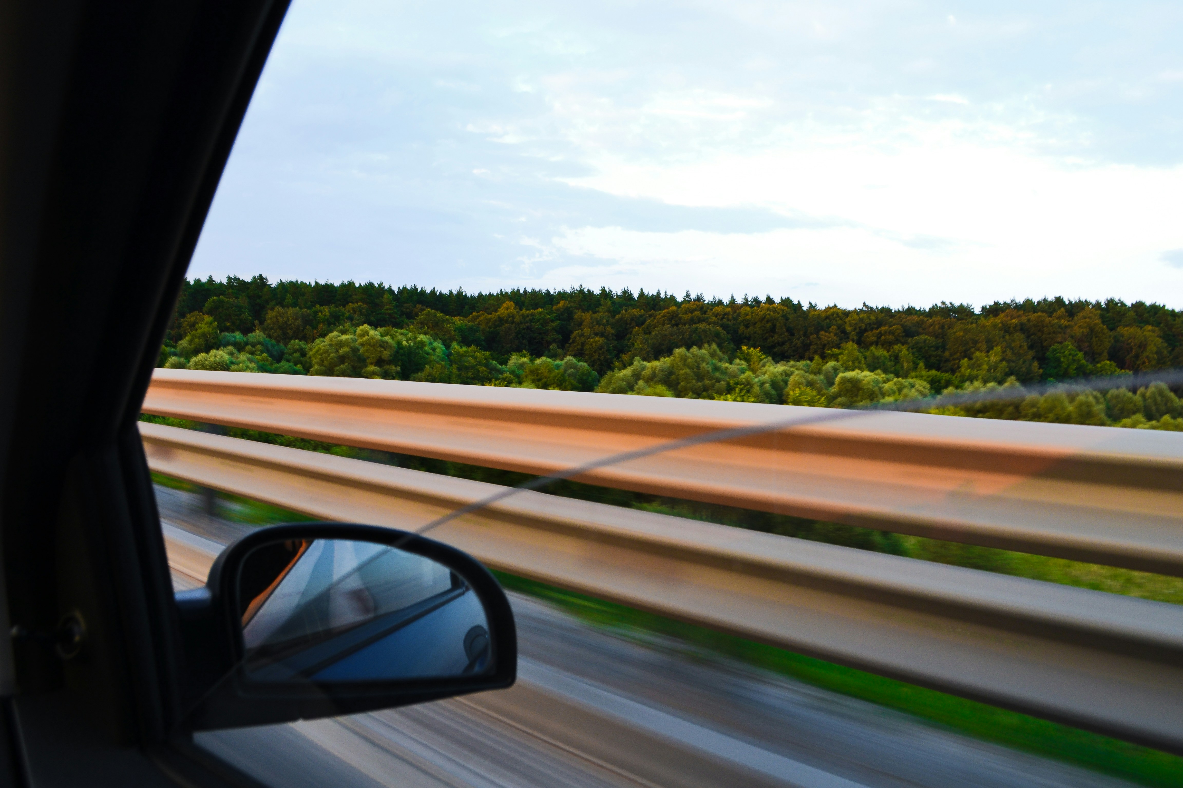 View from a car window showcasing a blurred landscape of lush trees and a metallic guardrail. The scene captures the essence of travel and movement.