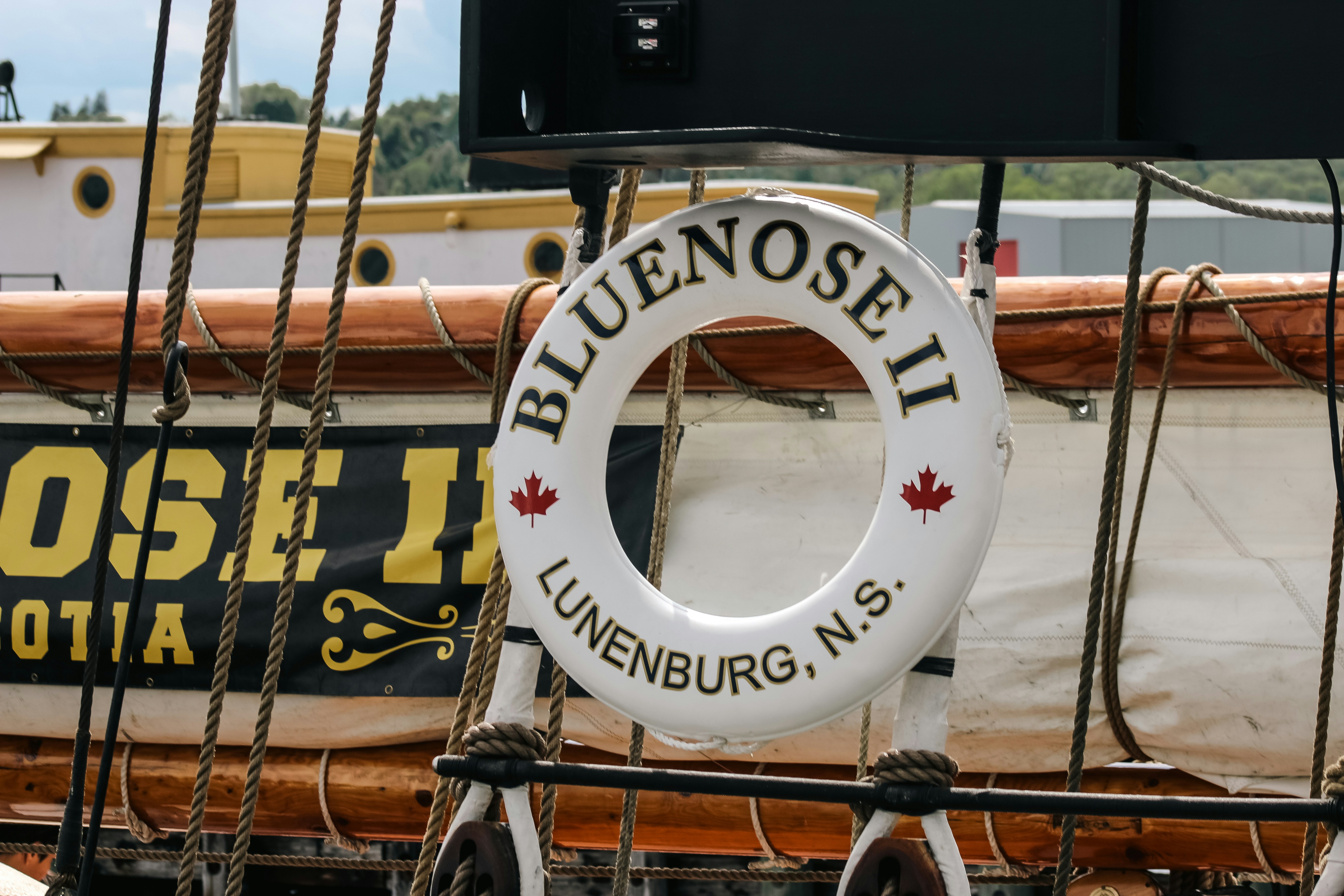 BlueNose II Lifebuoy Framed by Rigging on a Historic Vessel