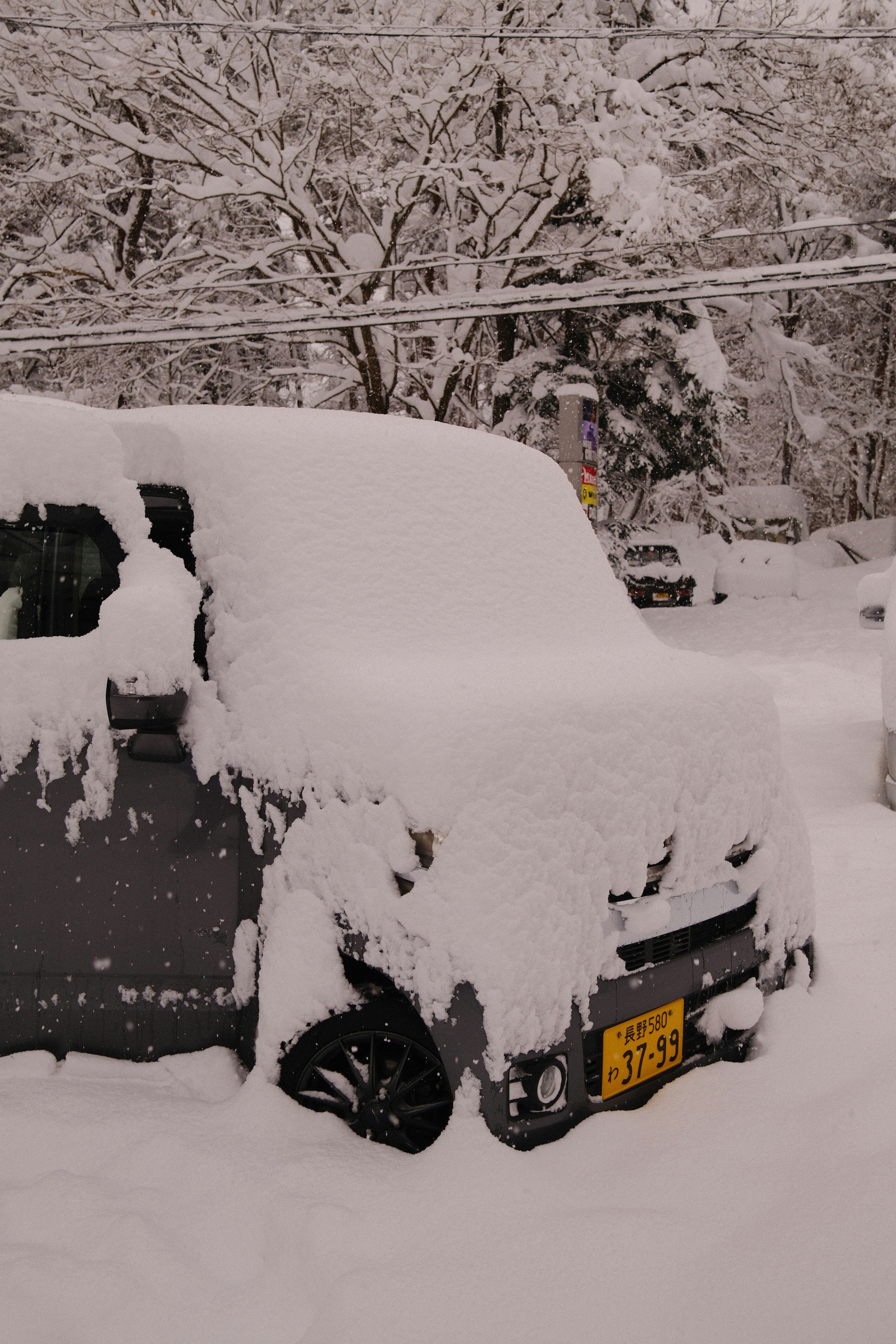 A vehicle nearly buried under a thick blanket of snow, surrounded by a winter landscape. The scene captures the quiet aftermath of a heavy snowfall.