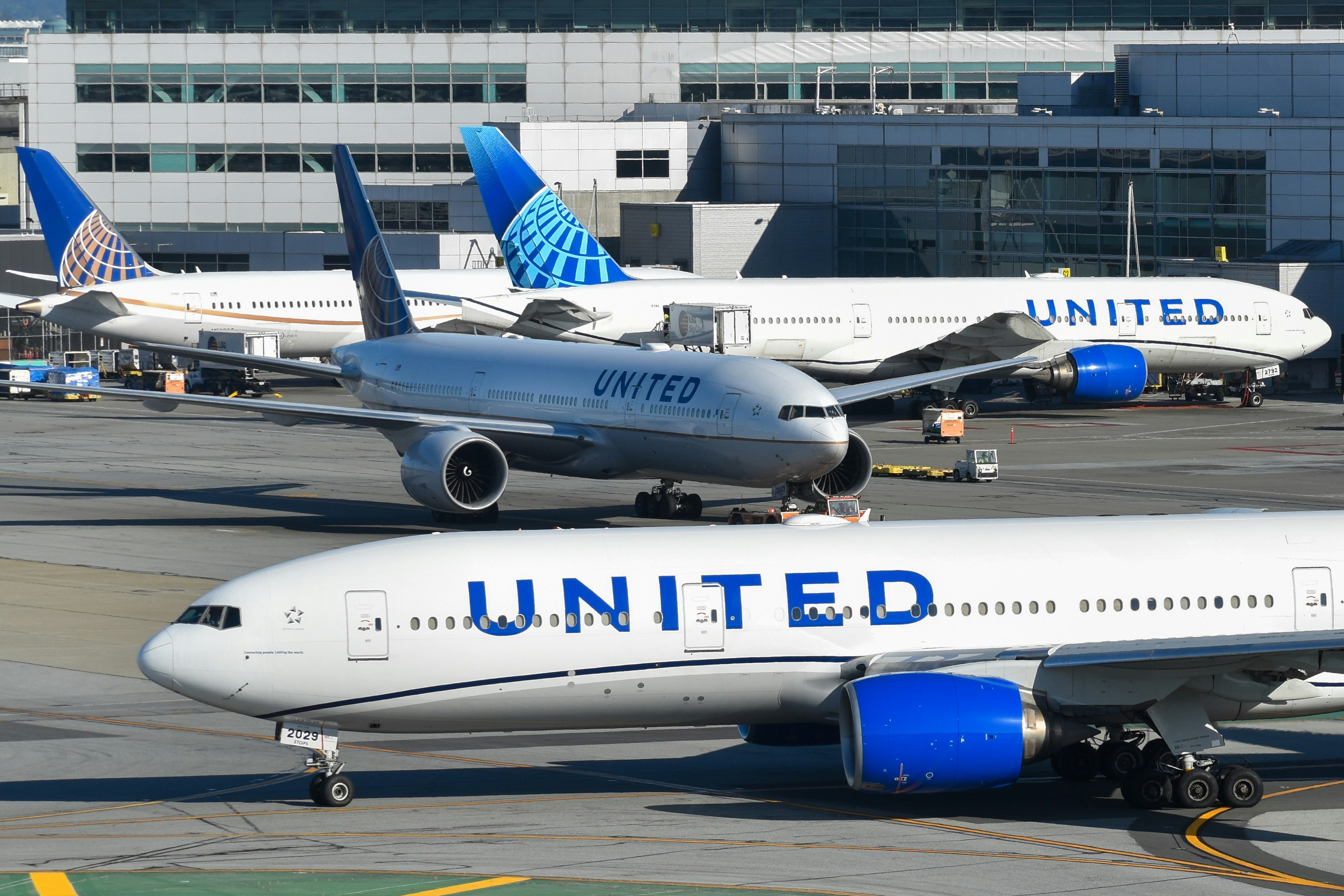 Multiple United Airlines aircraft positioned on the tarmac, showcasing their distinct liveries and sizes. The scene captures the organized hustle of airport operations.