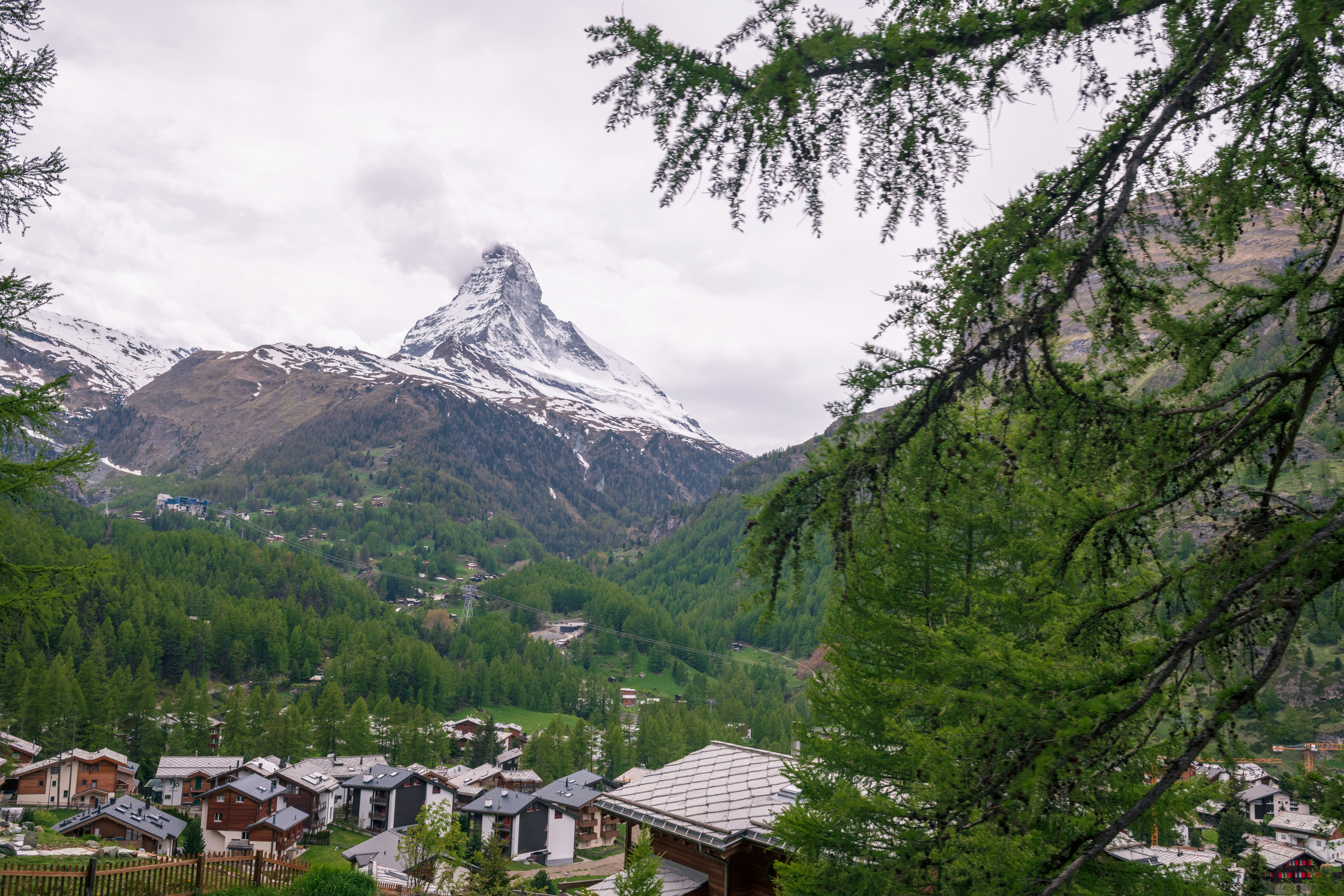 Snow-Capped Peak Over a Verdant Alpine Village