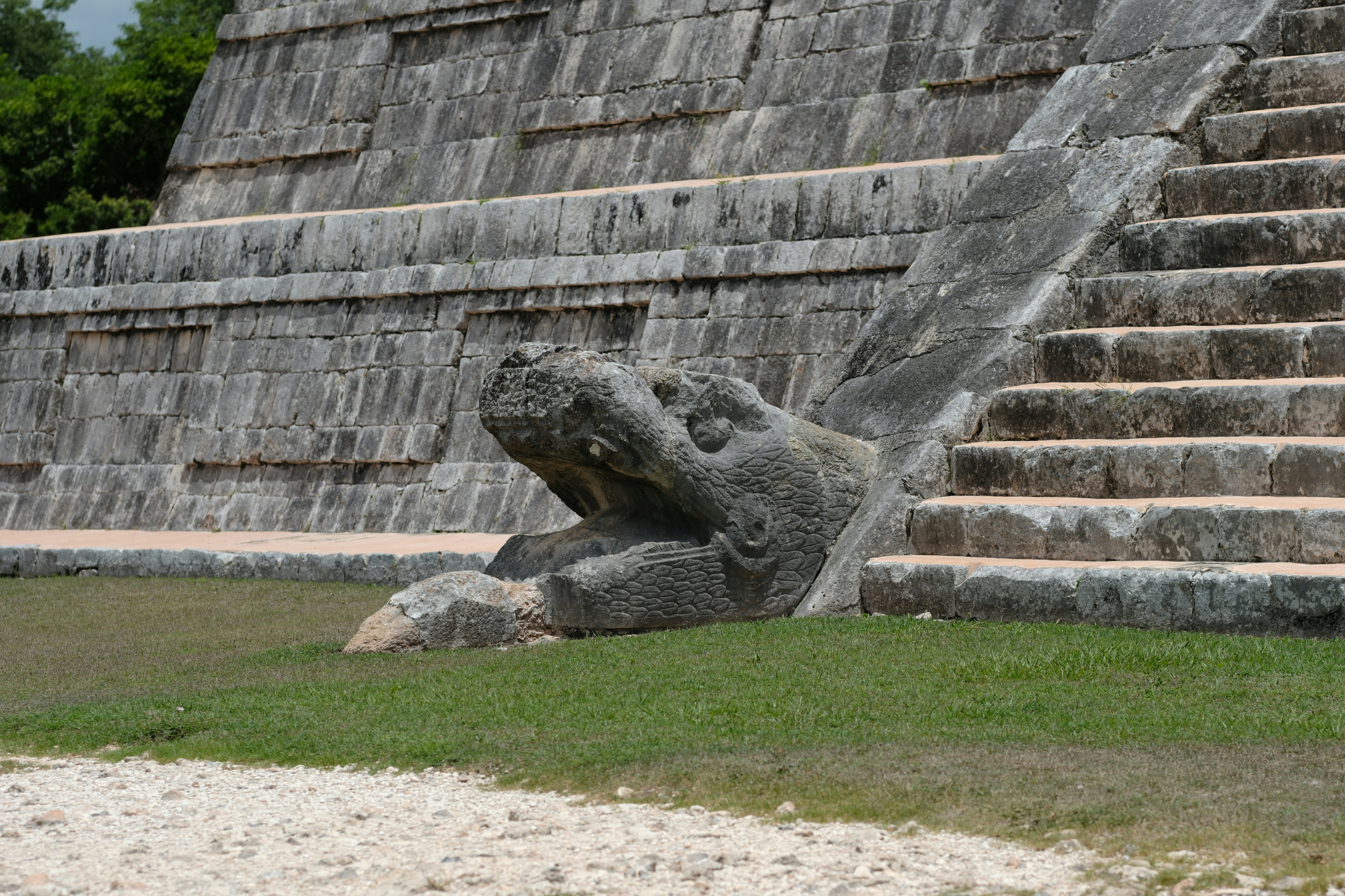 The mayan pyramid shows a serpent head carving.