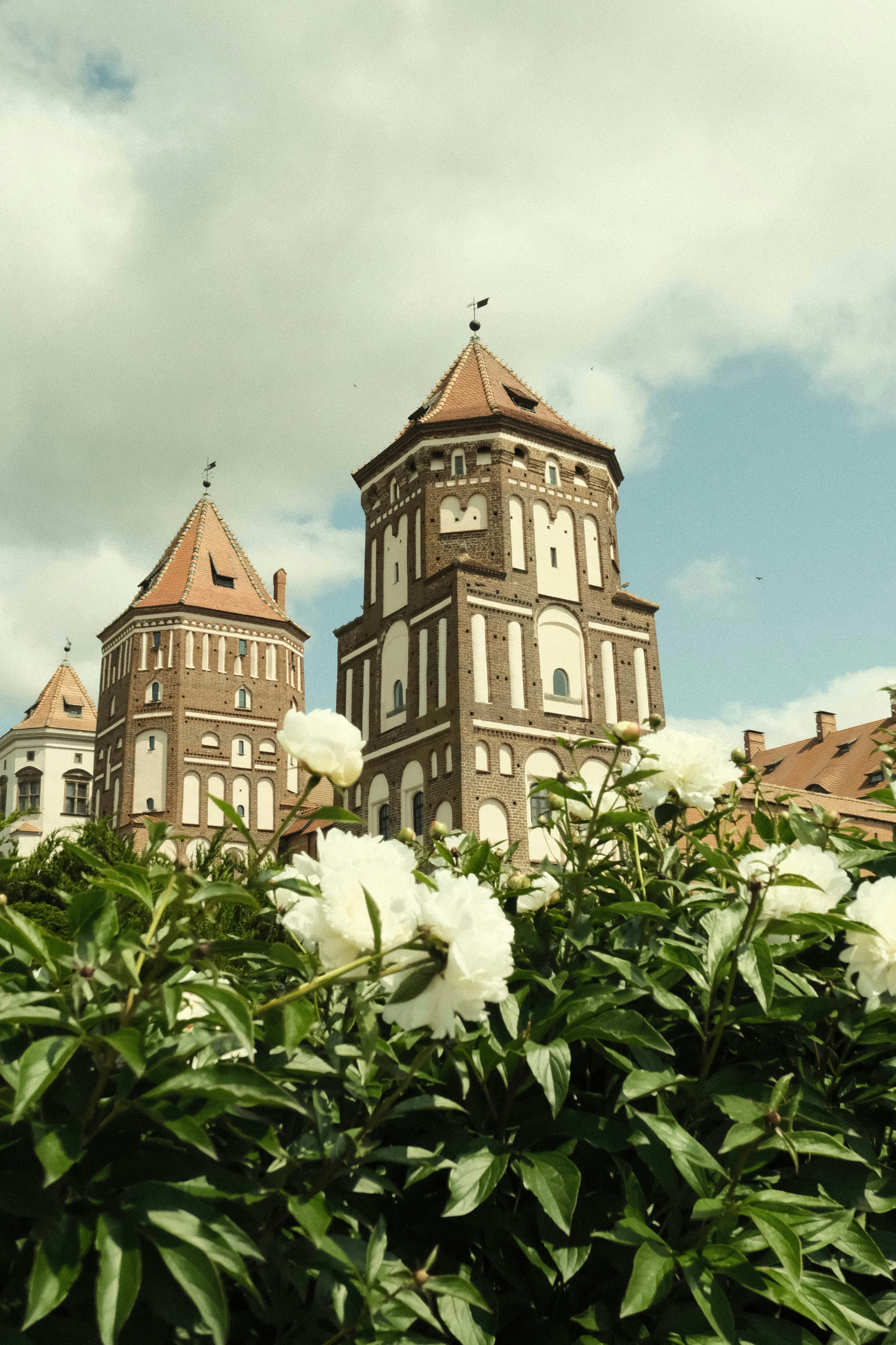Brick-Towered Estate Rising Behind a Sea of White Garden Blooms