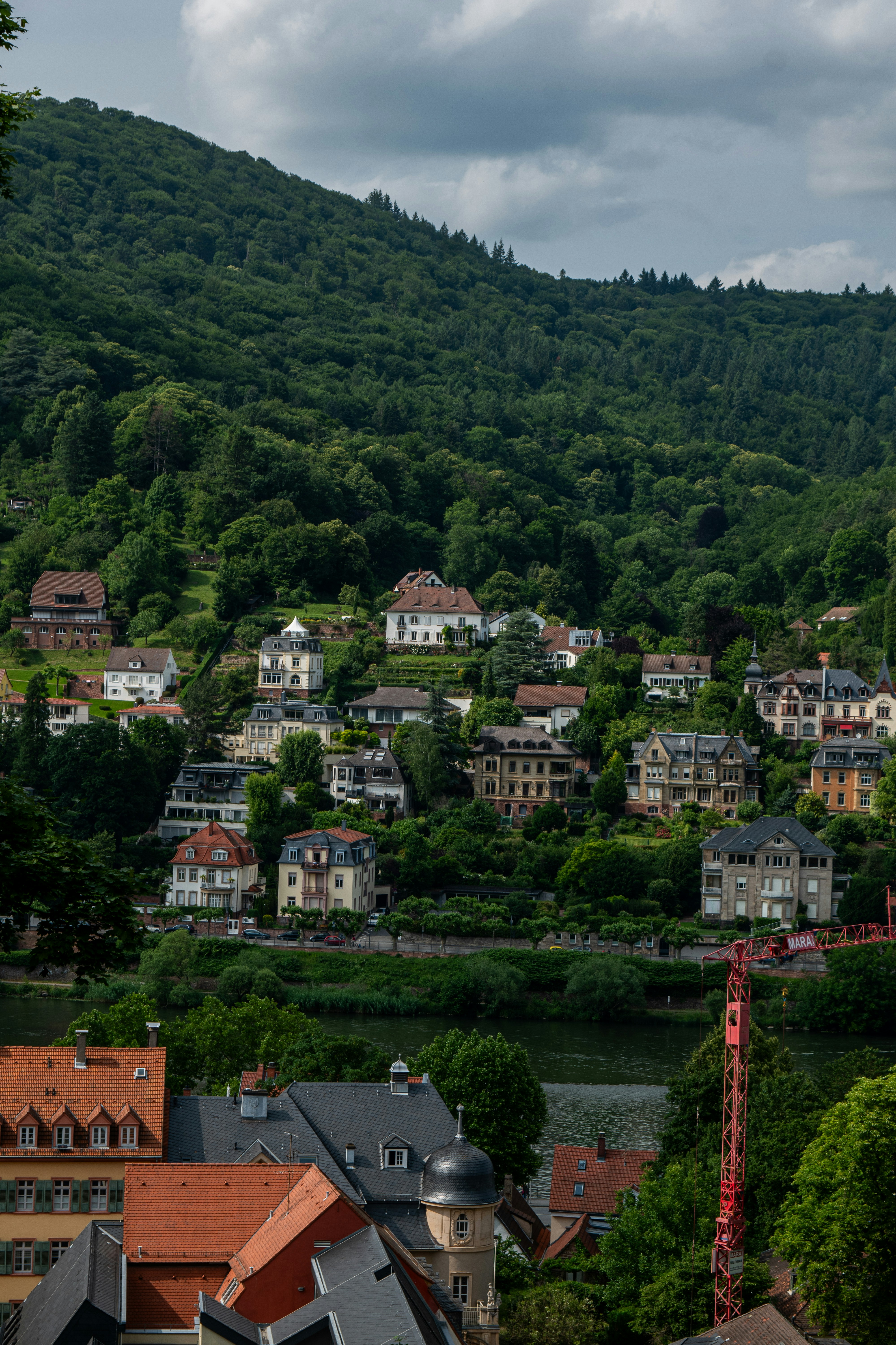 Charming hillside homes nestled among lush greenery, overlooking a serene river. A construction crane hints at ongoing development in the scenic area.