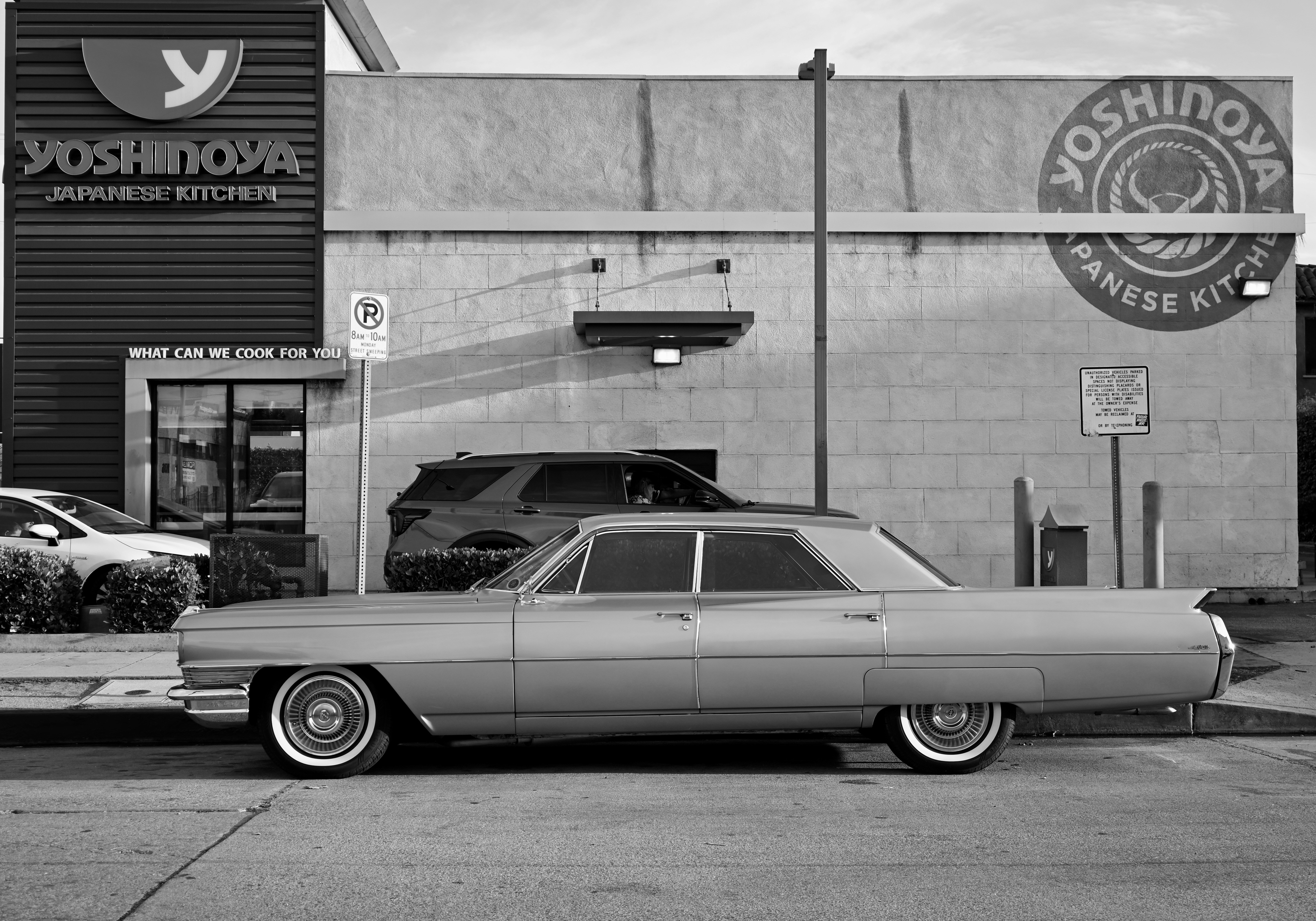 Chrome Between Signage: A 1960s Sedan Leans Against a Monochrome Strip Mall