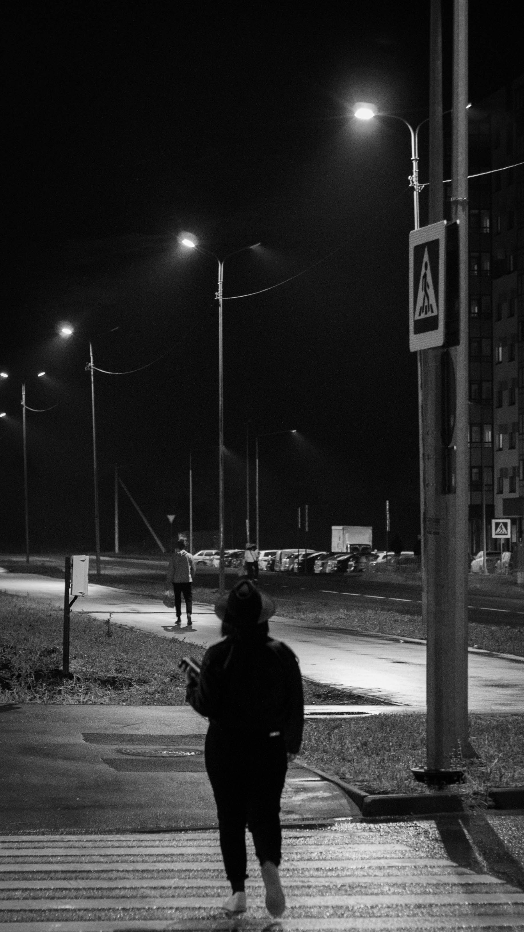 Night Walk Under Neon Poles: A Quiet Street in Black and White