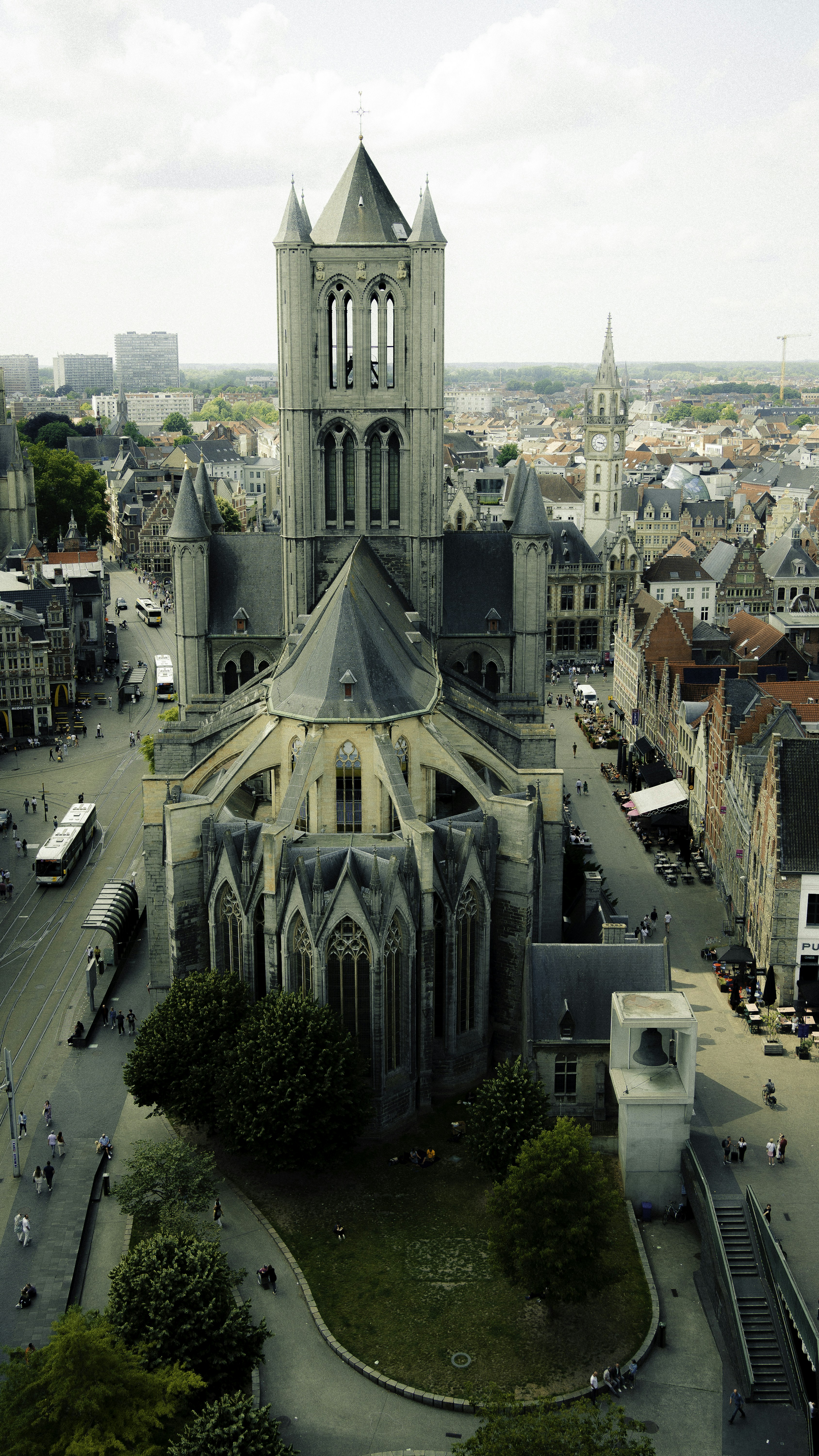 An aerial view of a cathedral and cityscape.