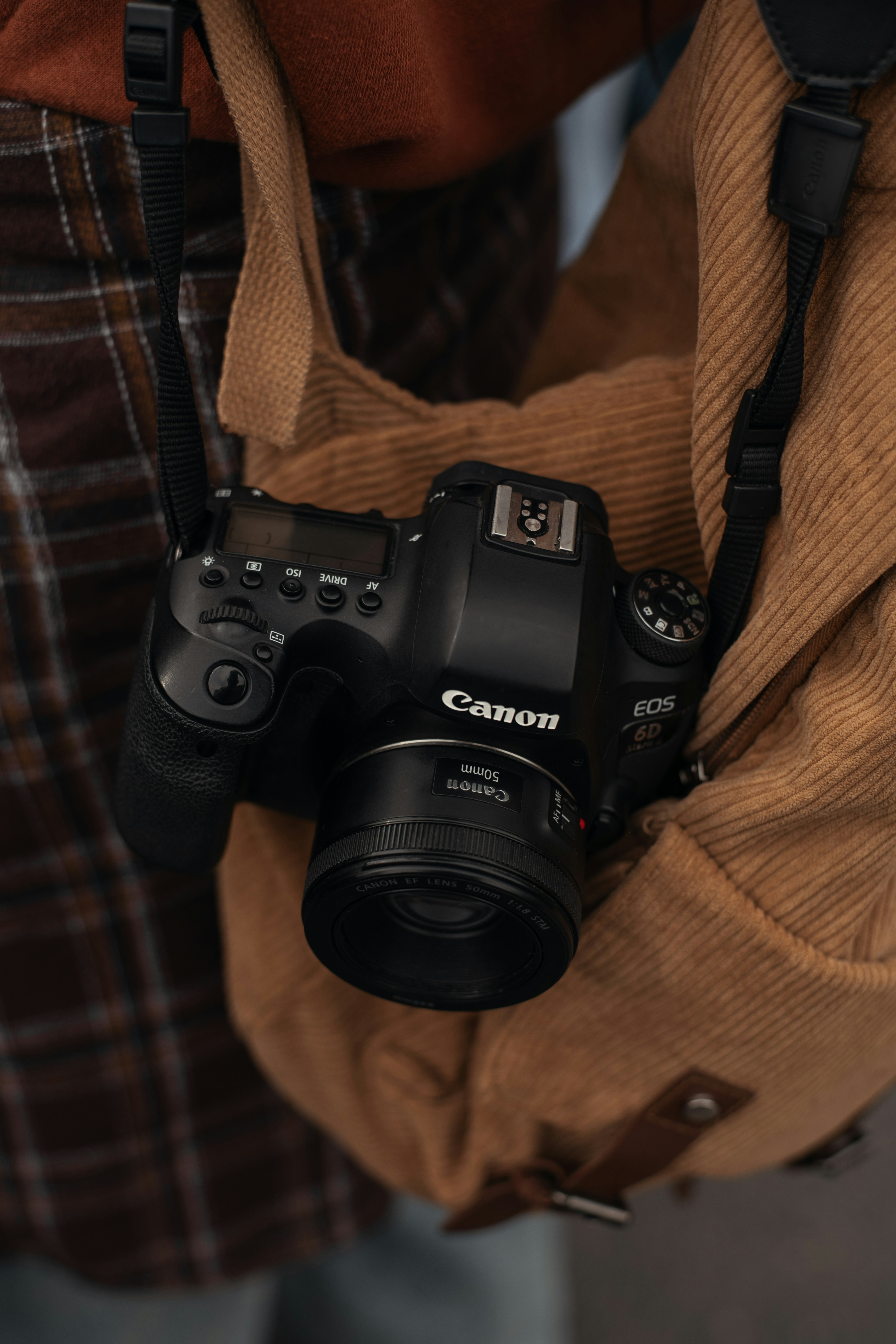 Ready to take pictures | A canon camera rests in a brown bag.