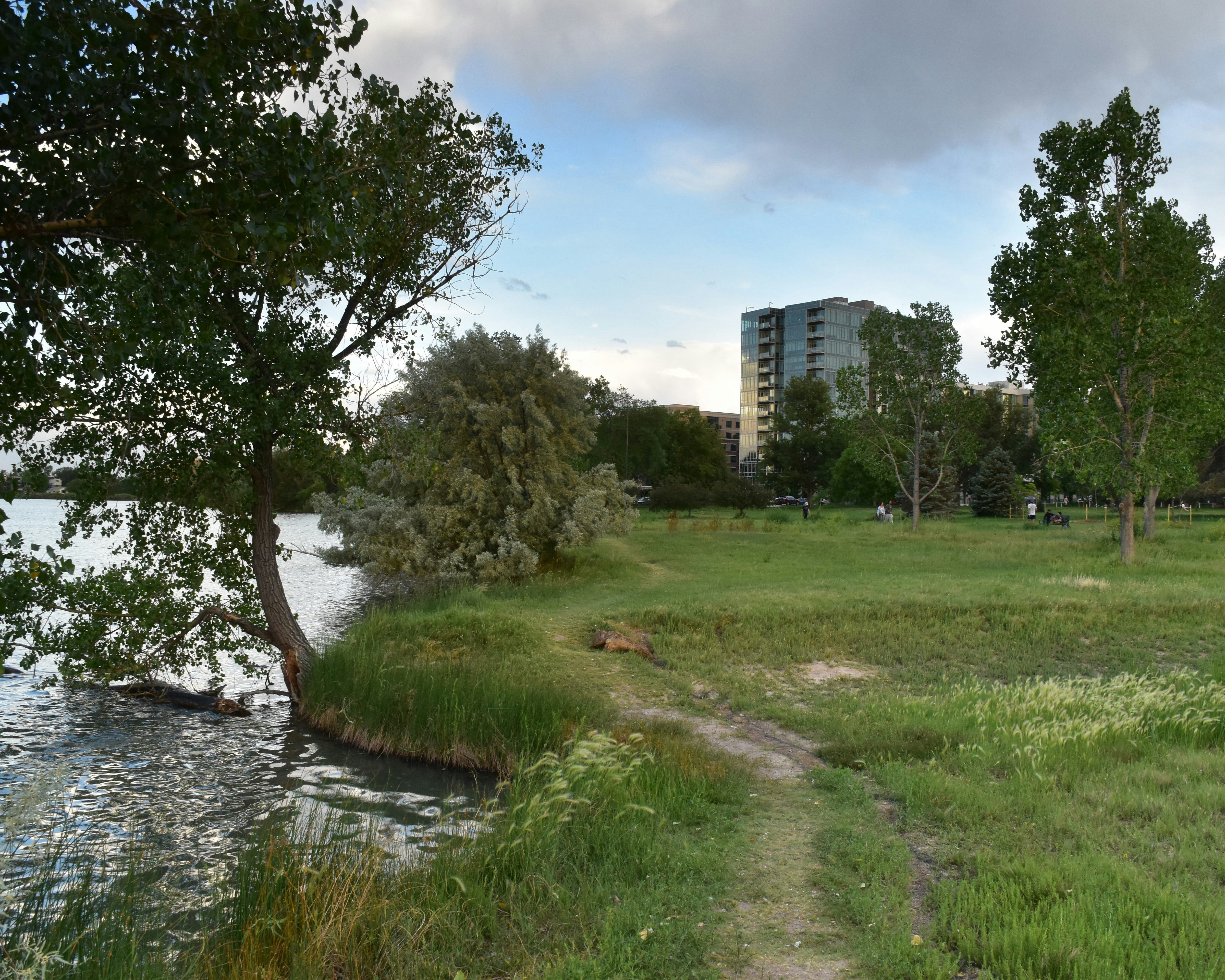 Lush green landscape with a winding path leading to a tranquil lake, framed by trees and modern buildings in the distance.