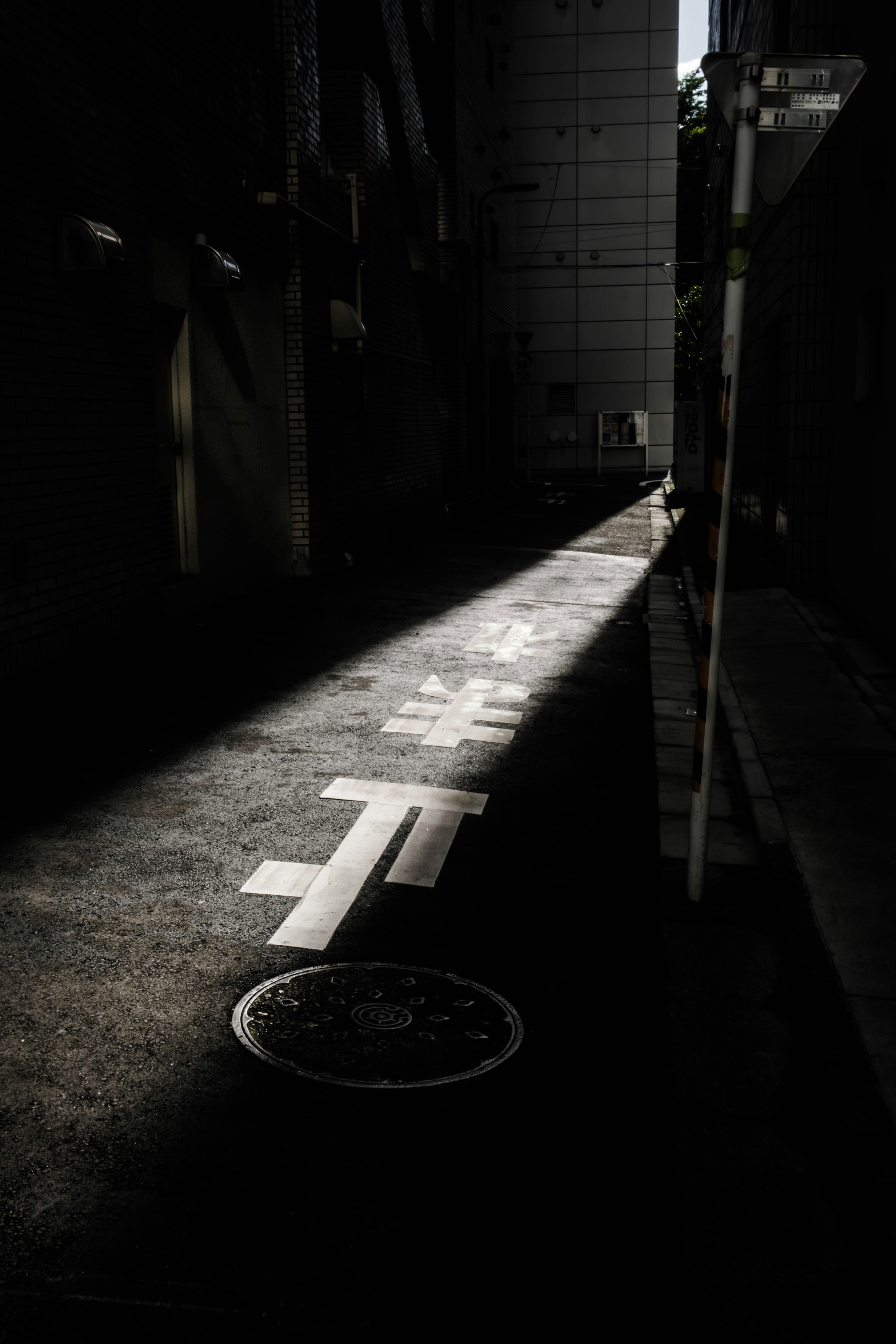 Narrow alleyway illuminated by a beam of light, highlighting street markings and creating a dramatic contrast with the surrounding darkness.
