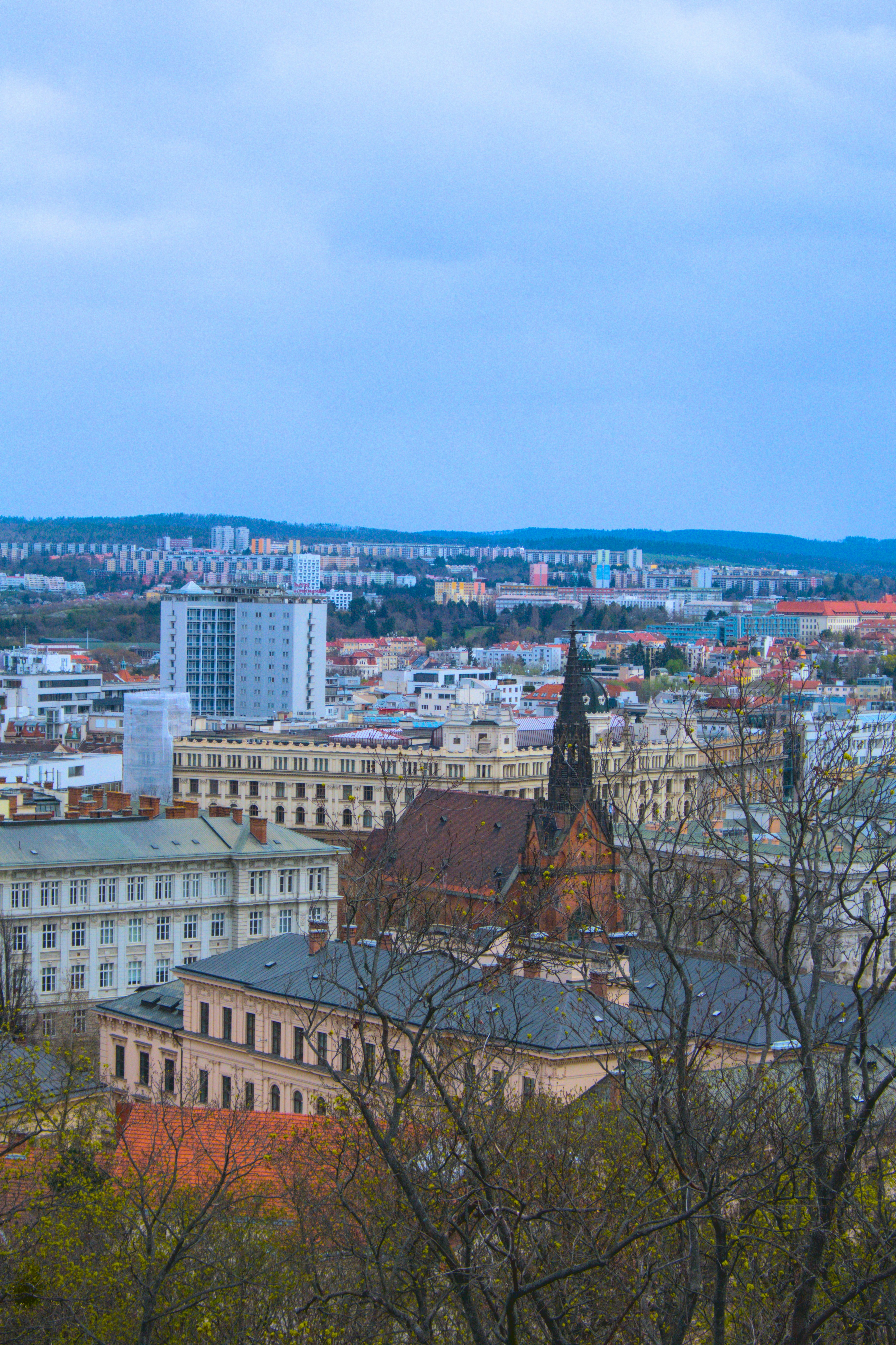 A panoramic view of a cityscape featuring a blend of modern and historical architecture, with a prominent spire rising amidst the buildings. The scene captures the essence of urban life against a cloudy sky.