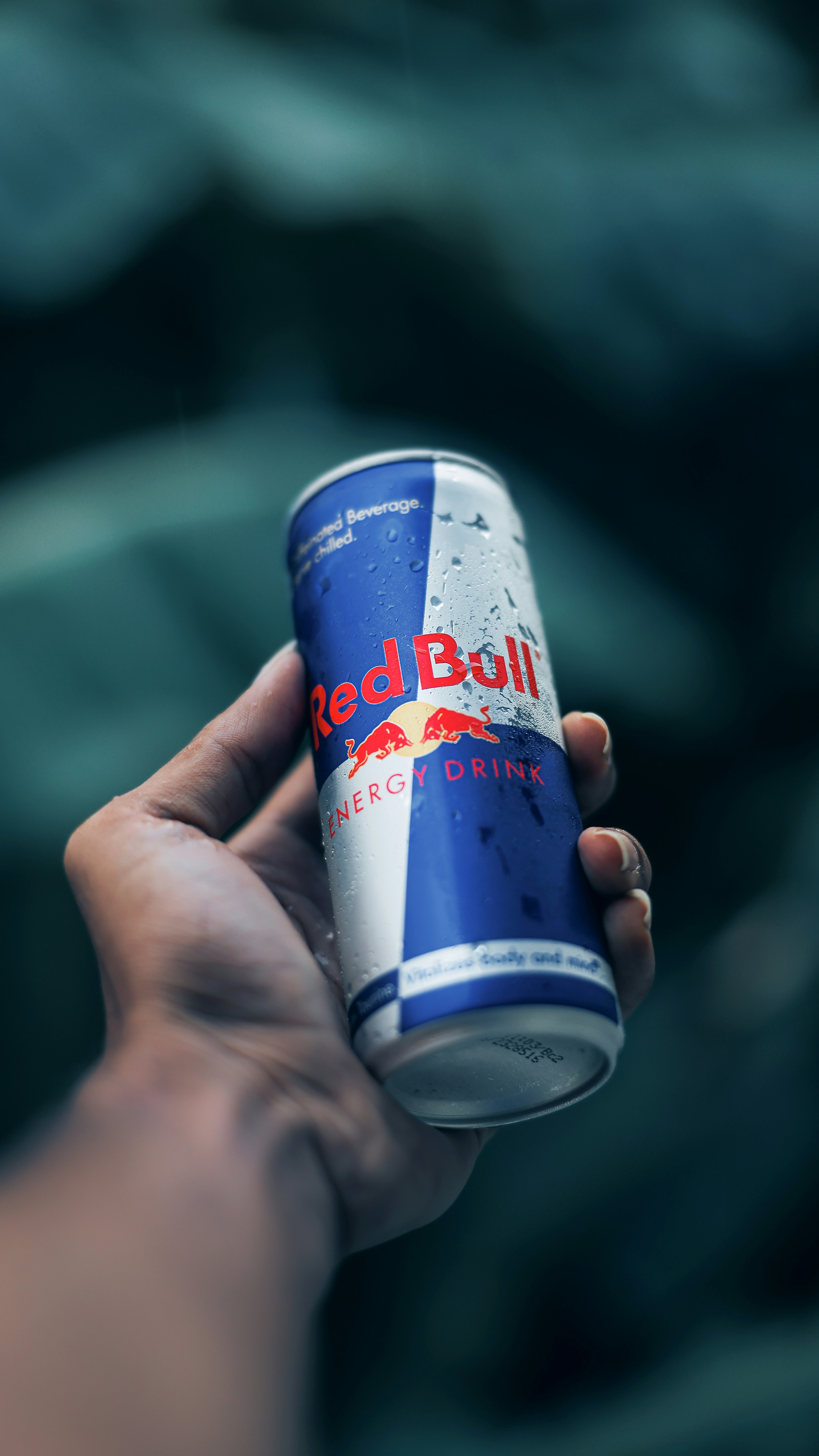 A hand holding a chilled can of Red Bull against a blurred green backdrop, highlighting the refreshing energy drink amidst lush foliage.