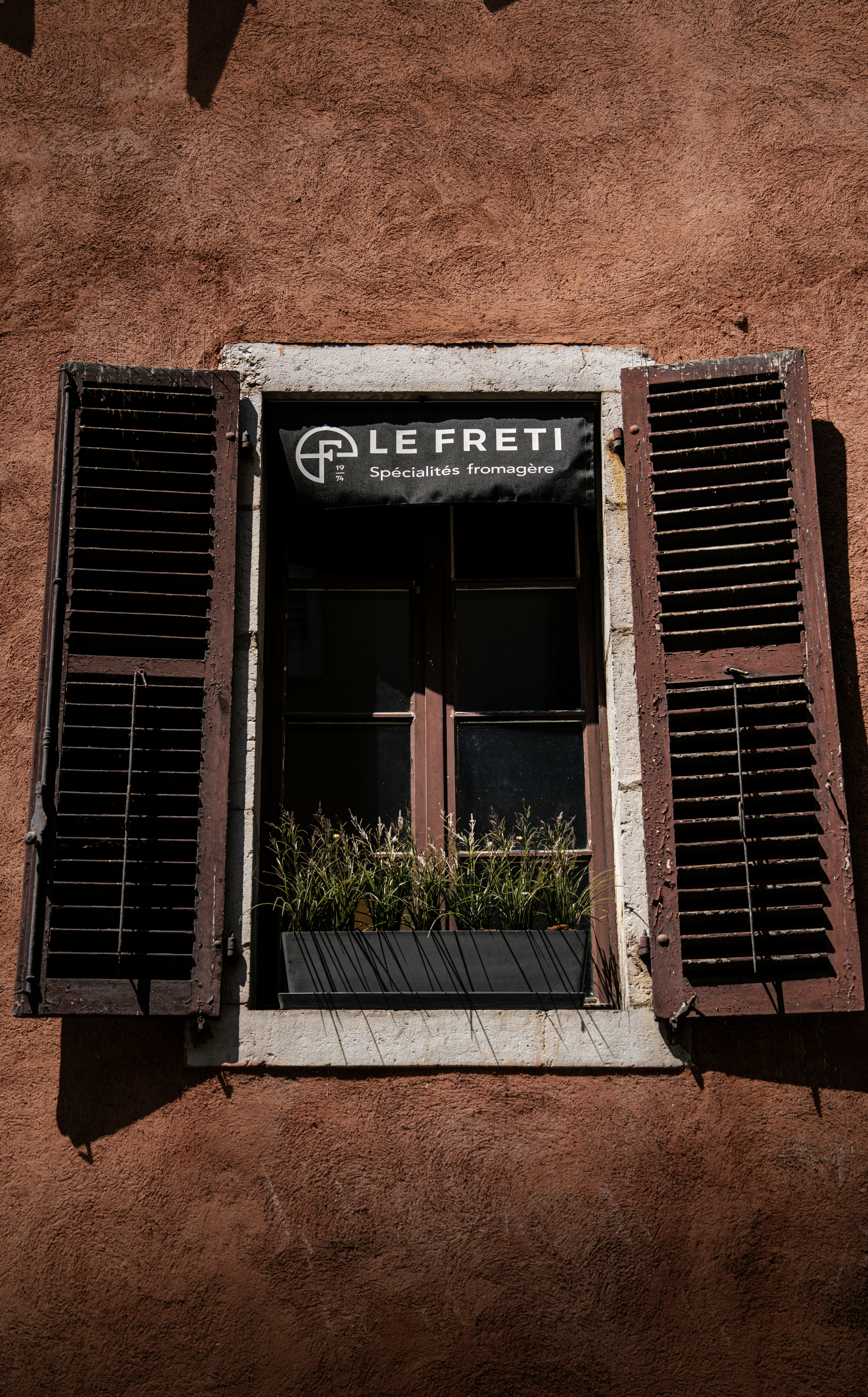 Sunlit Window with Weathered Shutters and Potted Greenery