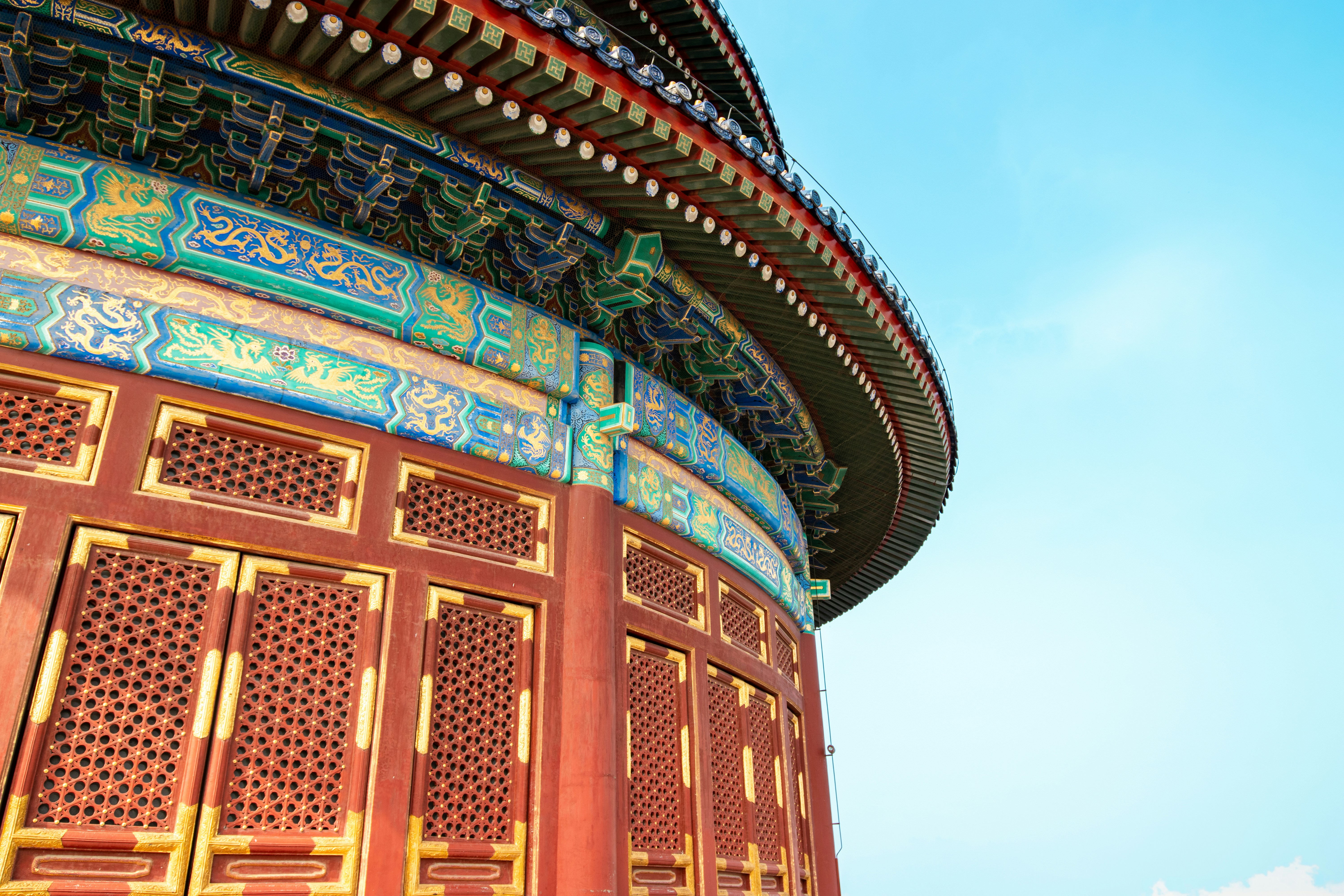 Curved eaves and lacquered panels: a corner of a traditional Beijing pavilion