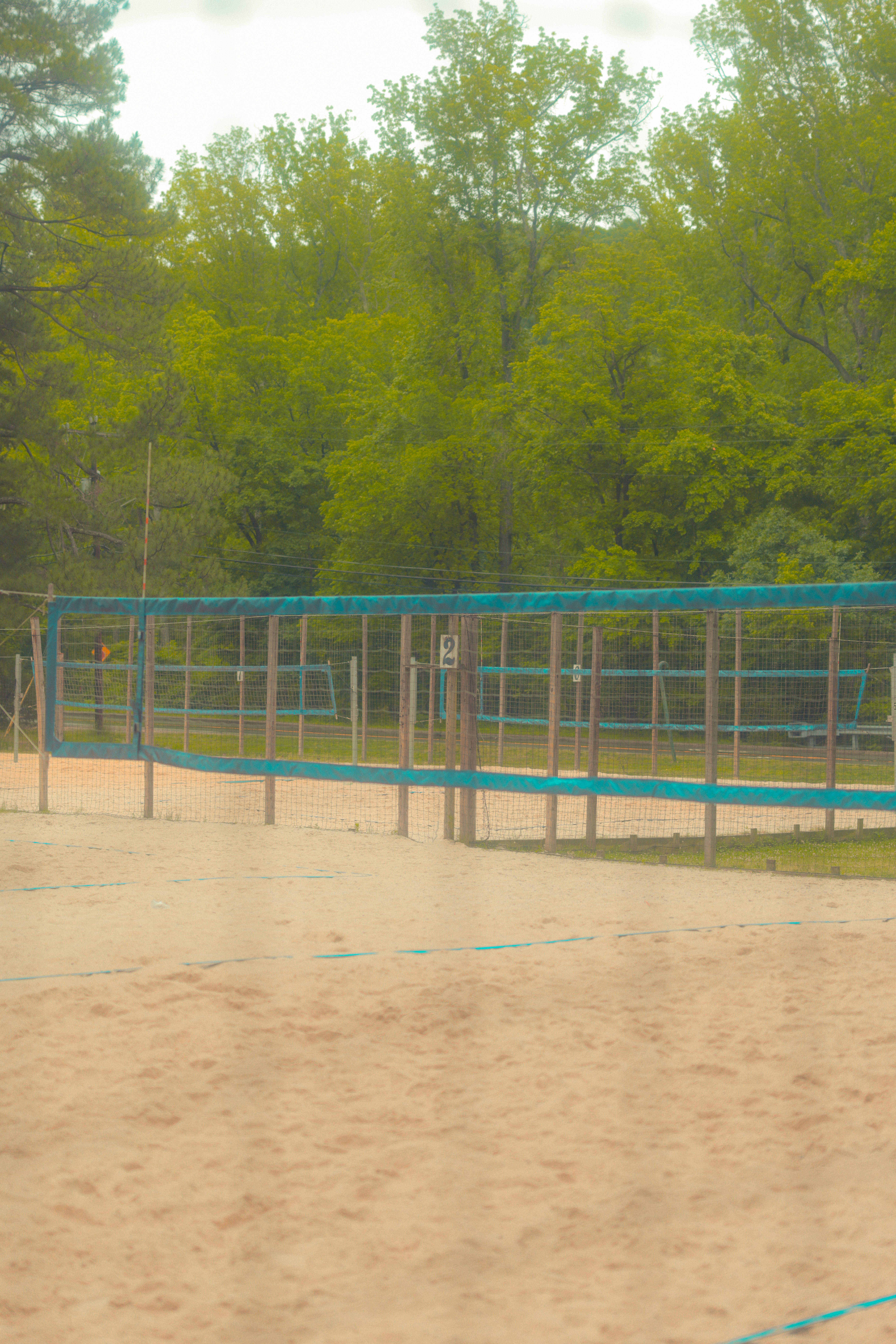 A volleyball net stands on a sand court in nature.