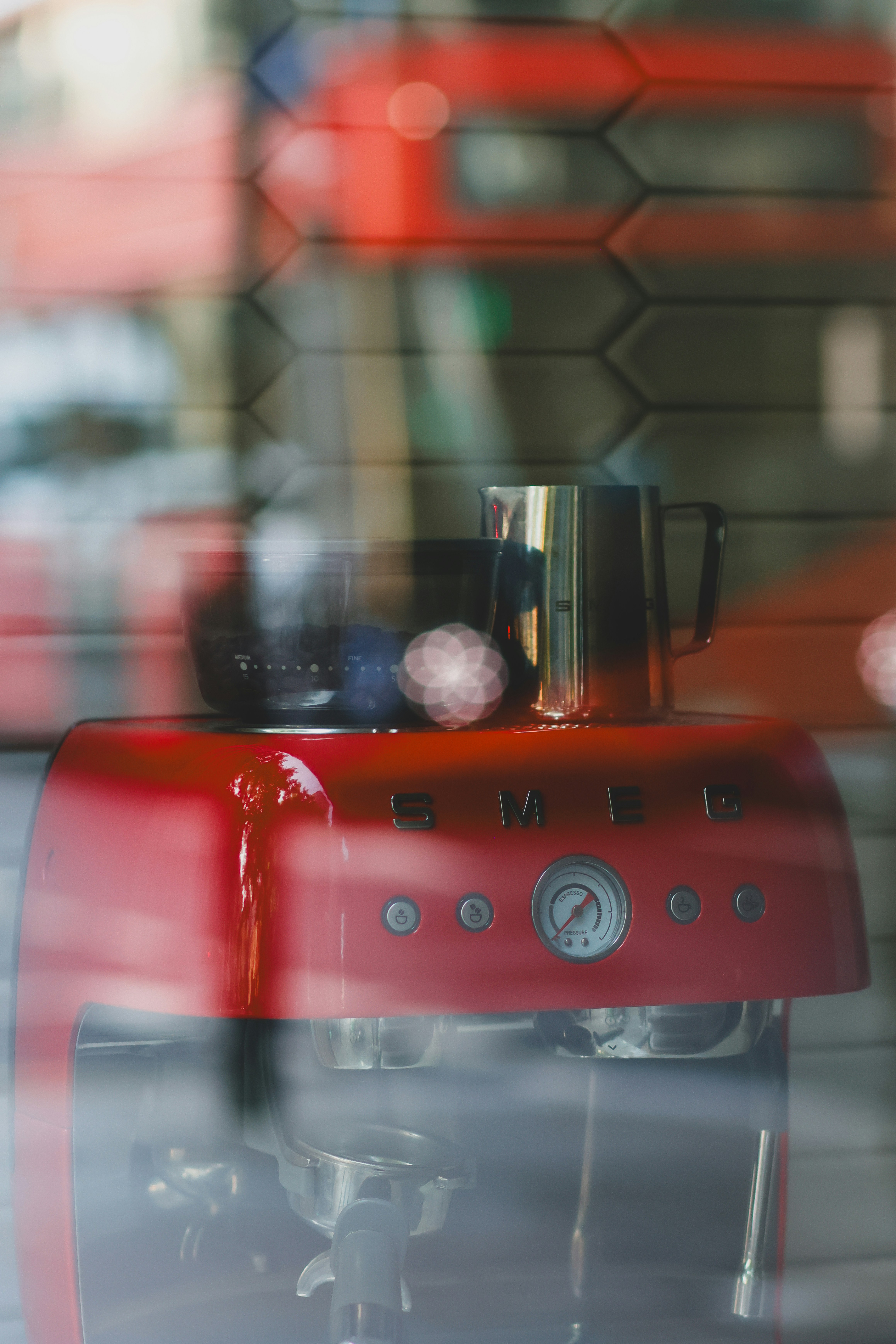 A retro red espresso machine with coffee accessories. photo – Free ...