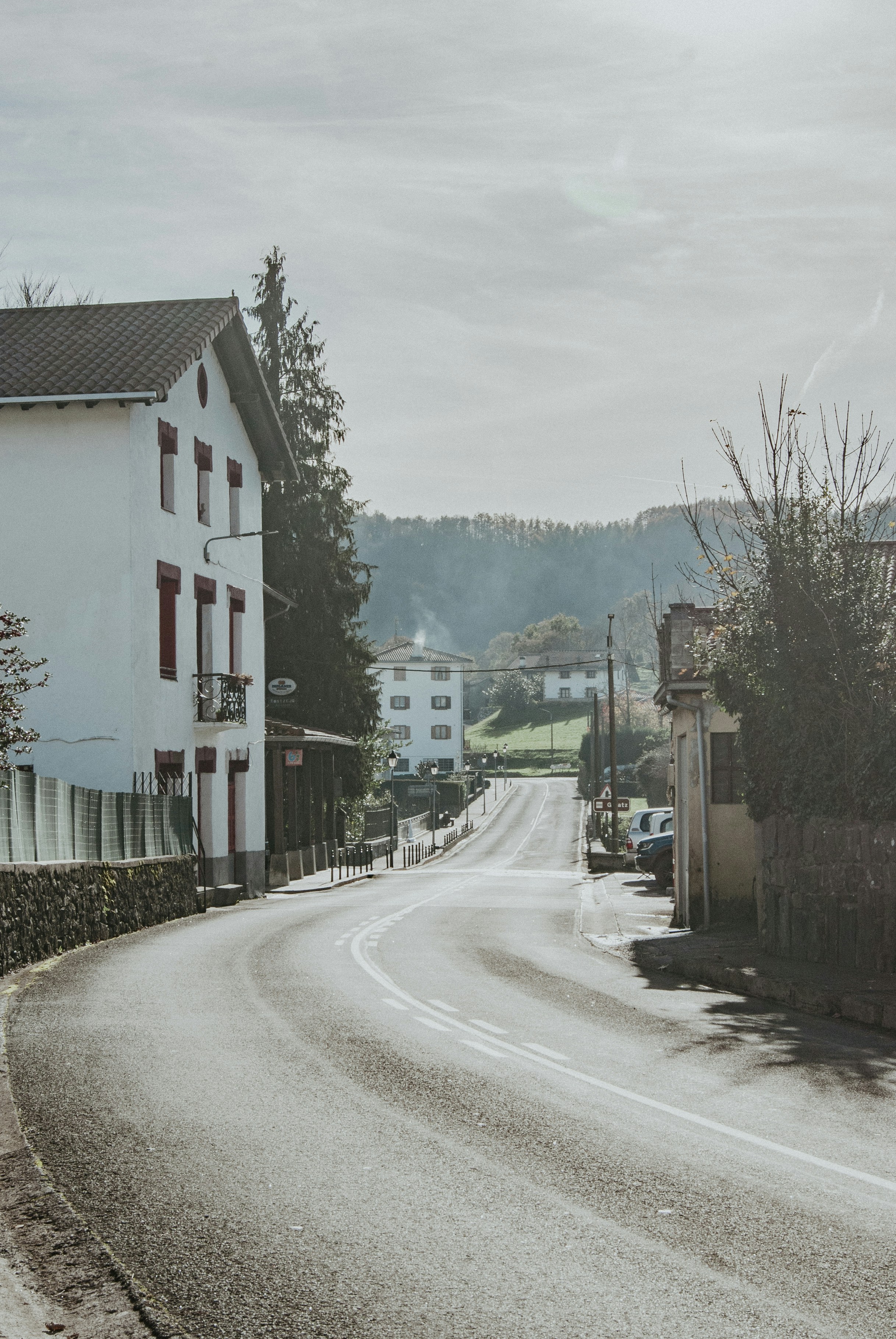 Curved road leading through a serene village, flanked by charming houses and lush hills in the background.