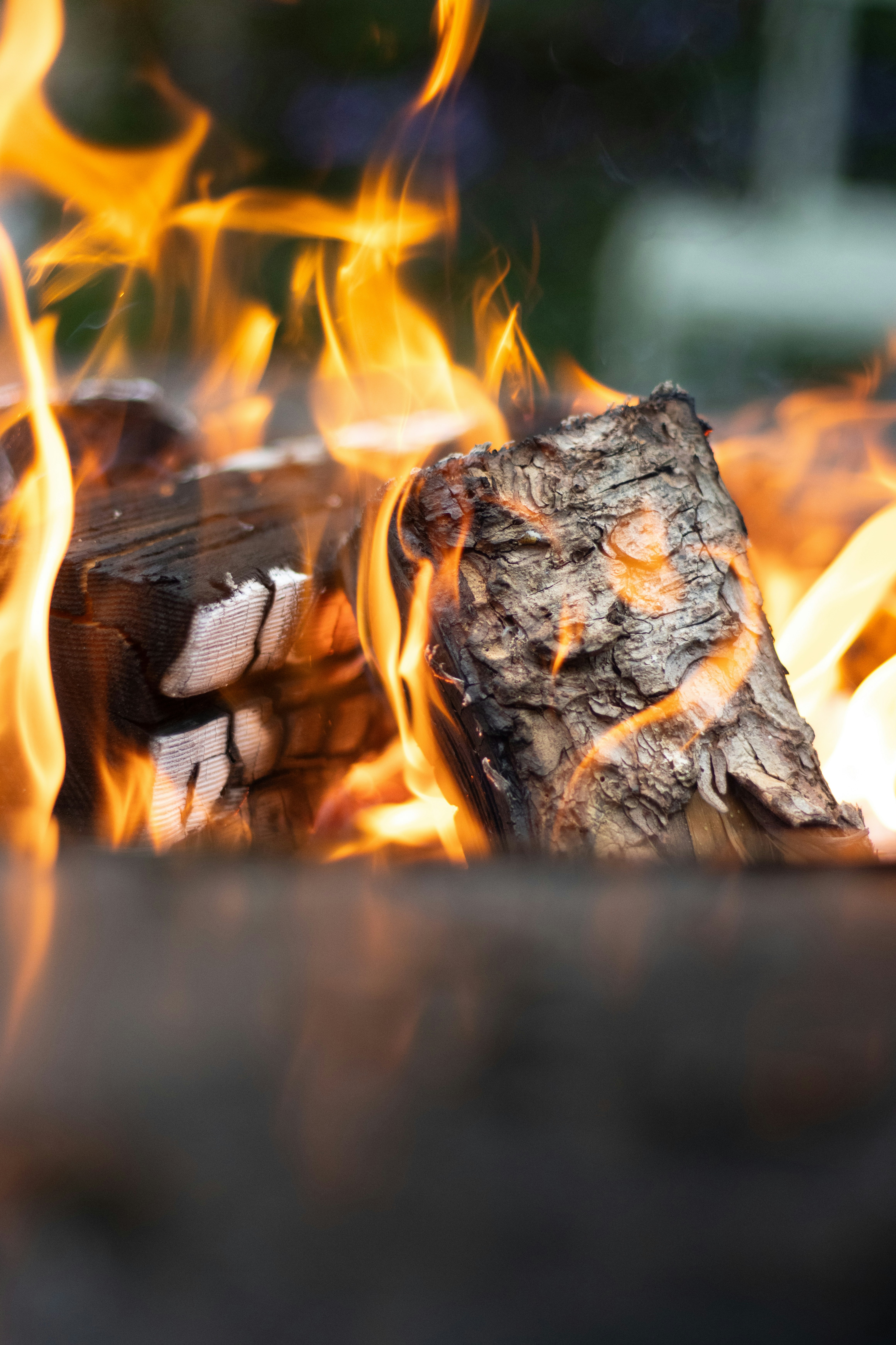 Ember Focus: Cracked Log Framed by Licking Flames