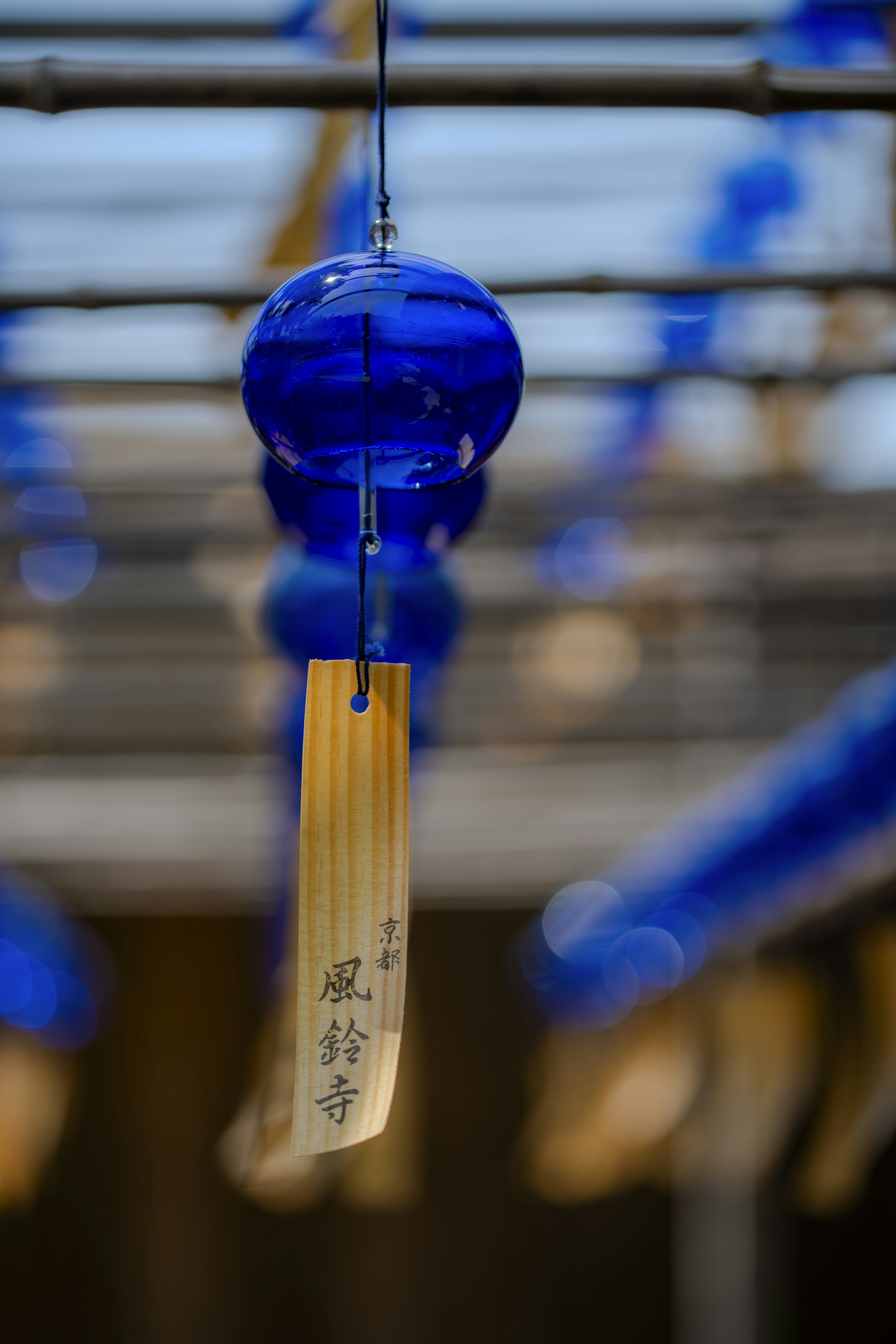 Blue Orbs and a Tethered Tag: A Quiet Shrine of Glass and Wood