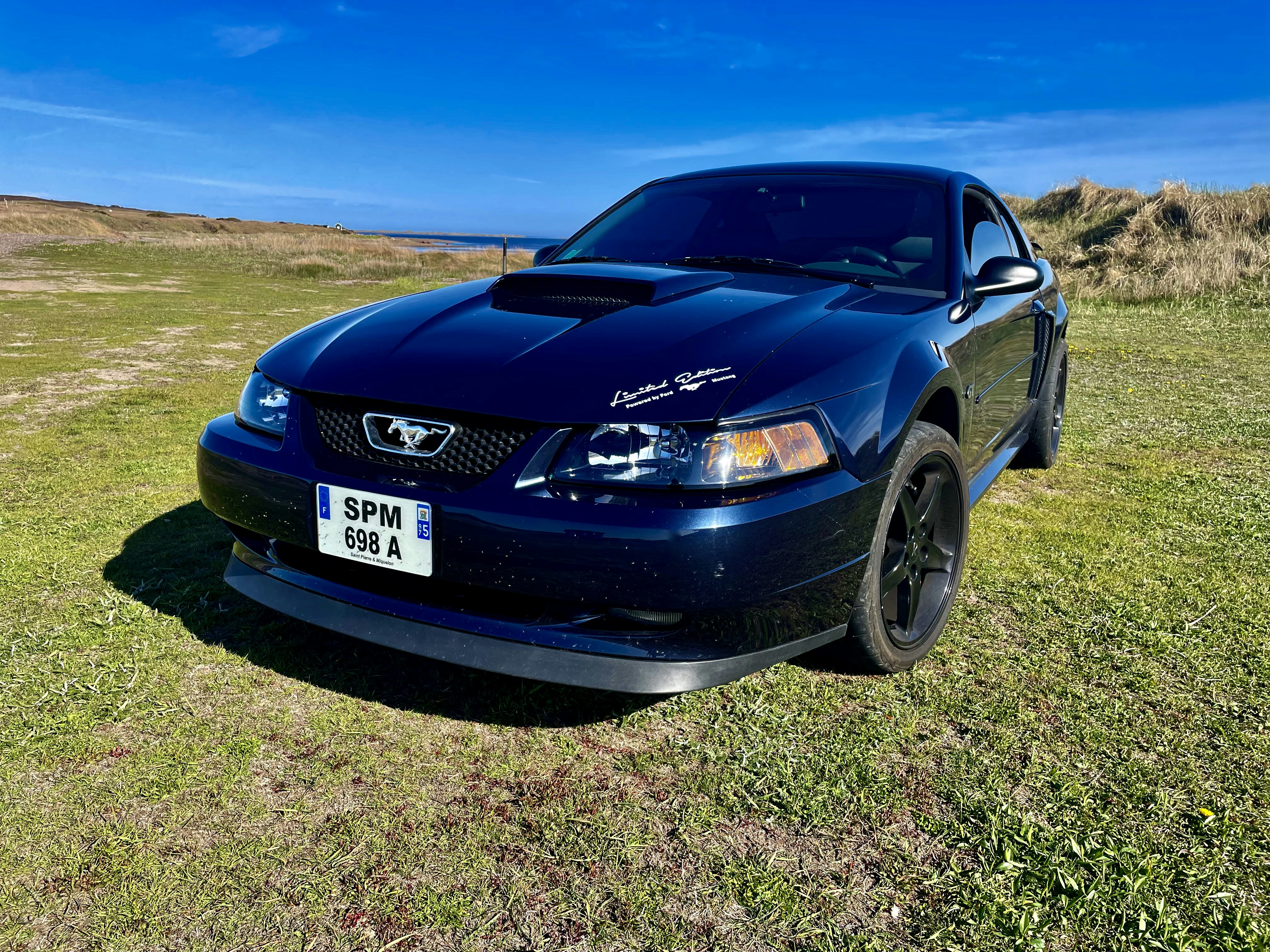 Un Ford Mustang azul oscuro está estacionado al aire libre. foto ...