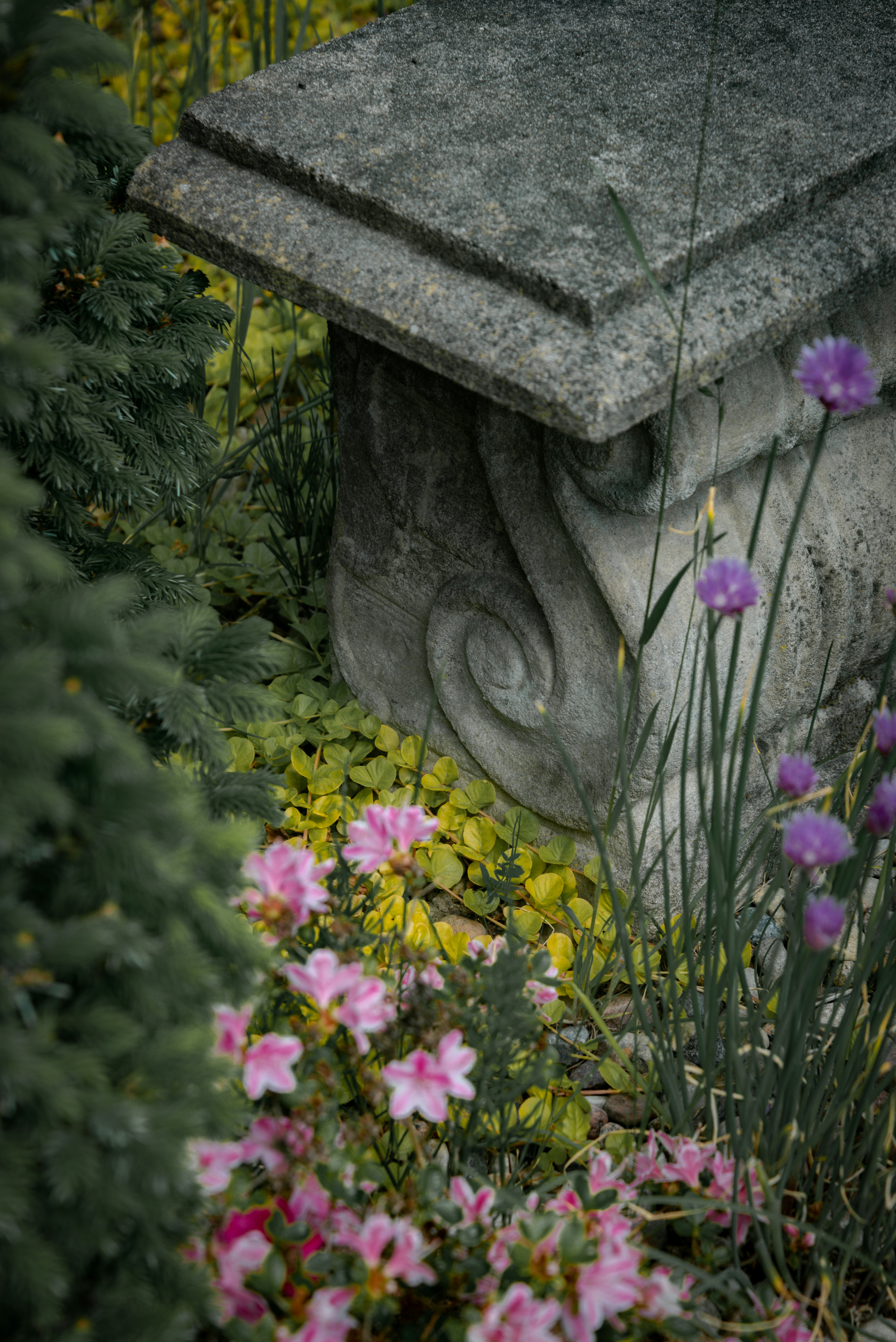 Intricately carved stone bench nestled among vibrant flowers and lush greenery, creating a tranquil garden scene.