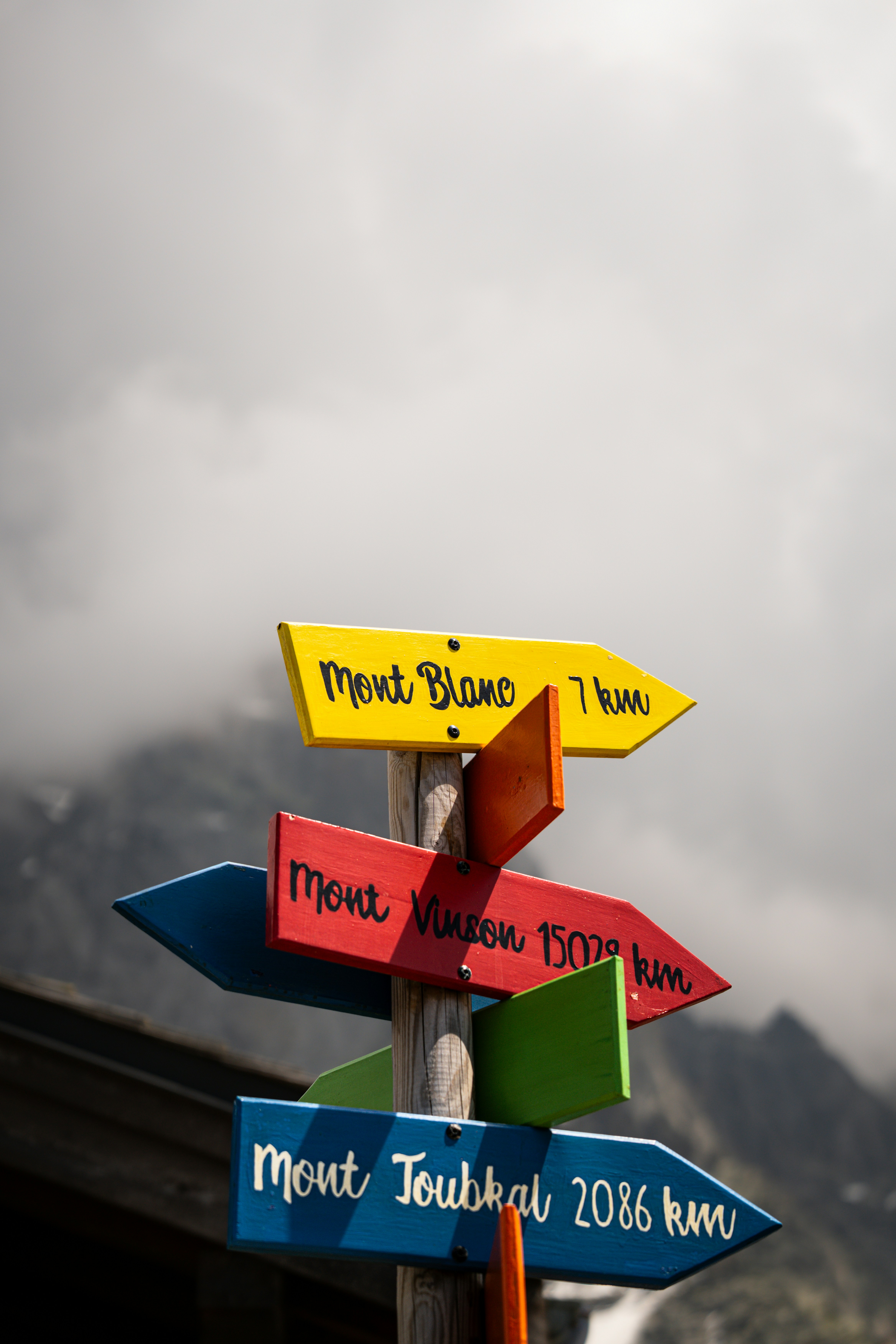 Colorful directional signs point towards famous mountains.