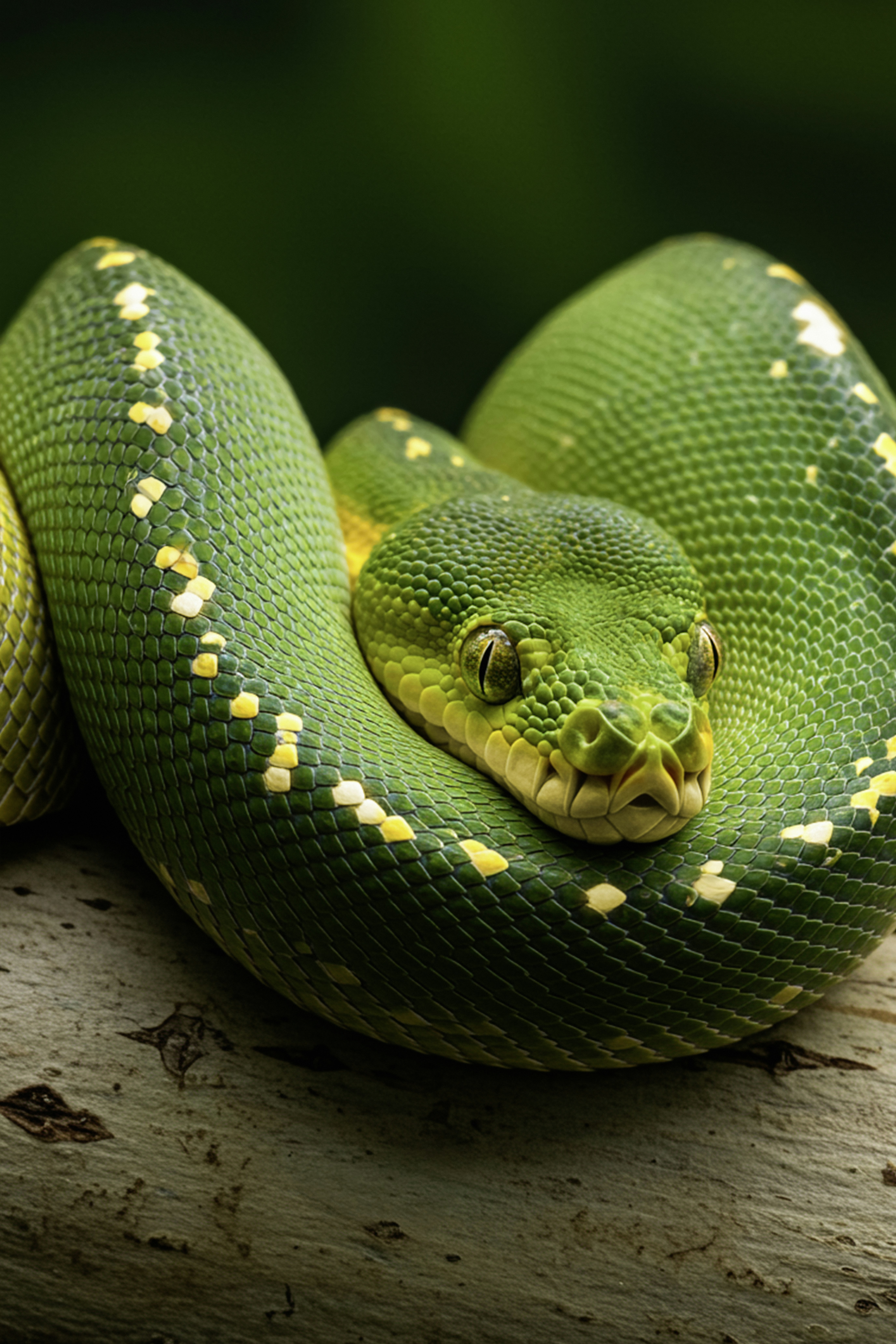 A bright green snake coils on a branch.
