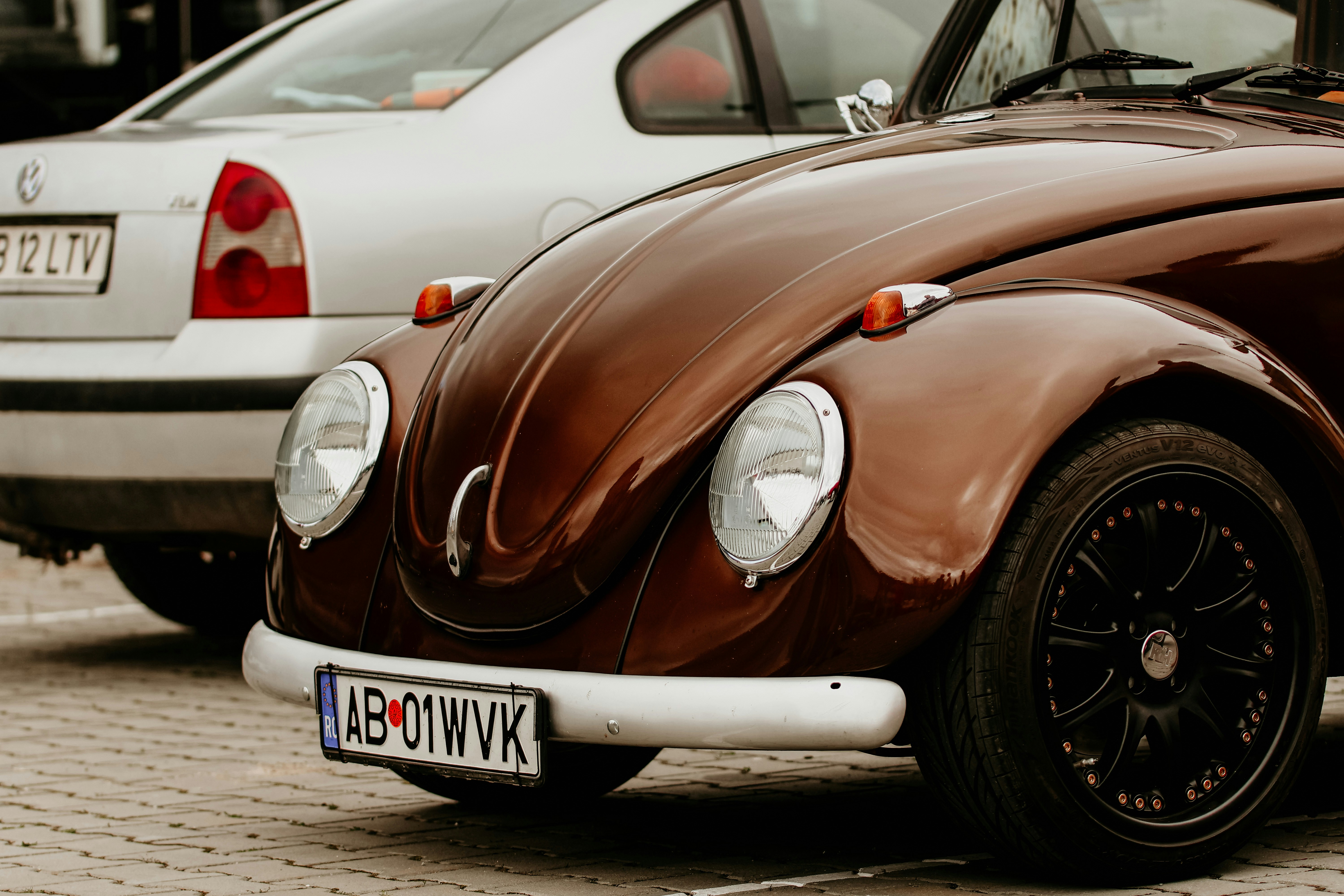 Chestnut Chrome: Front-Quarter Portrait of a Vintage Beetle
