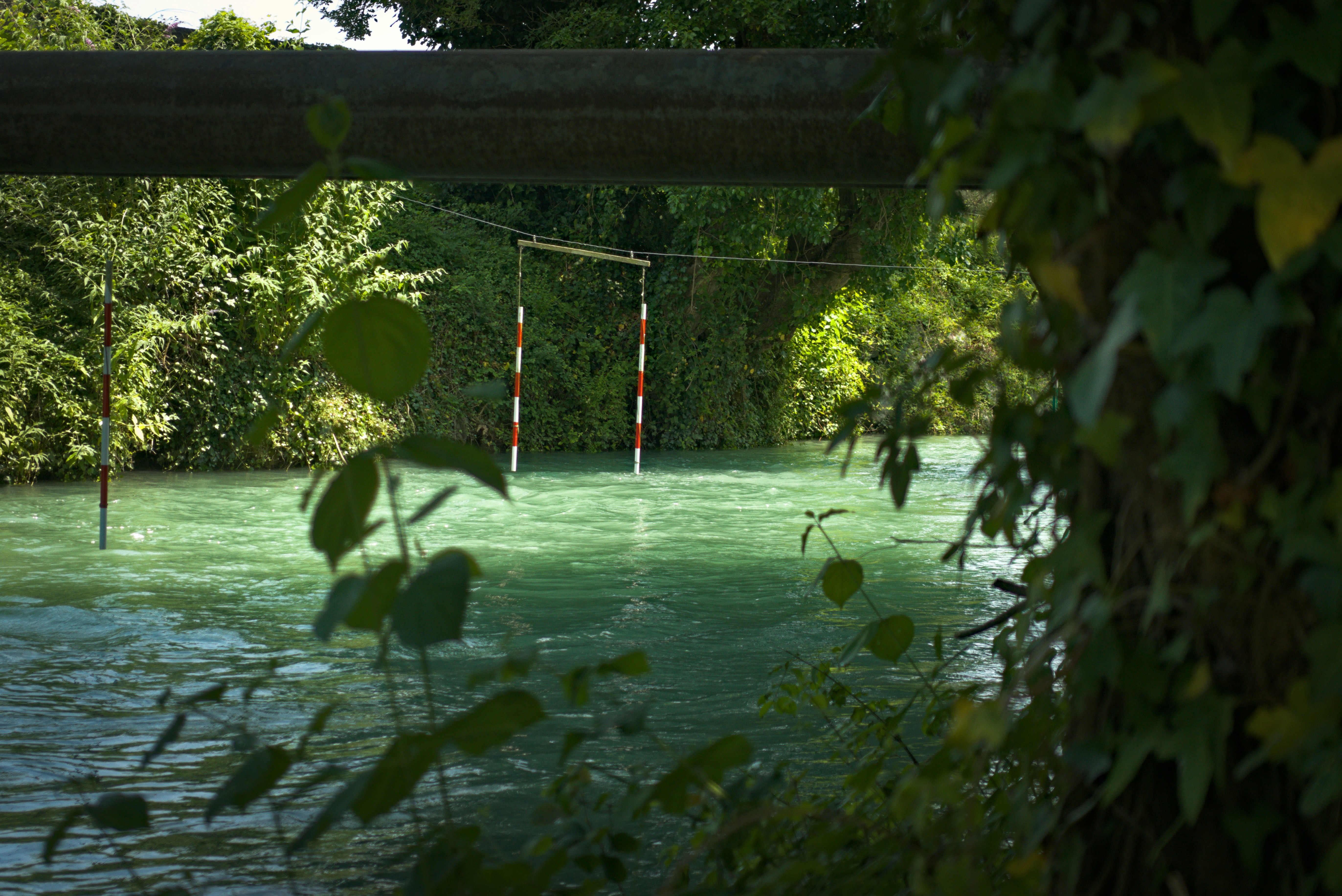 ICF World Cup Pau | Kayak slalom course set up in river.